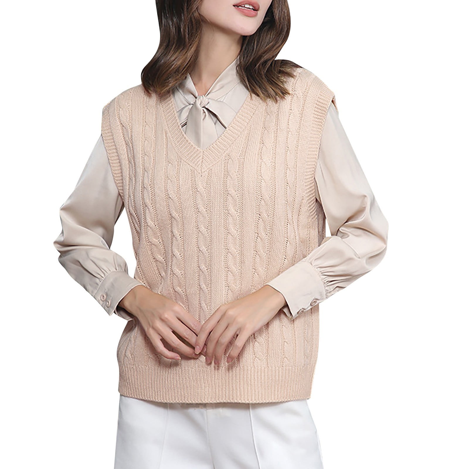 Beige Womens Tops Ladies' Solid Color Knit Vest Pullover V Neck Vest ...
