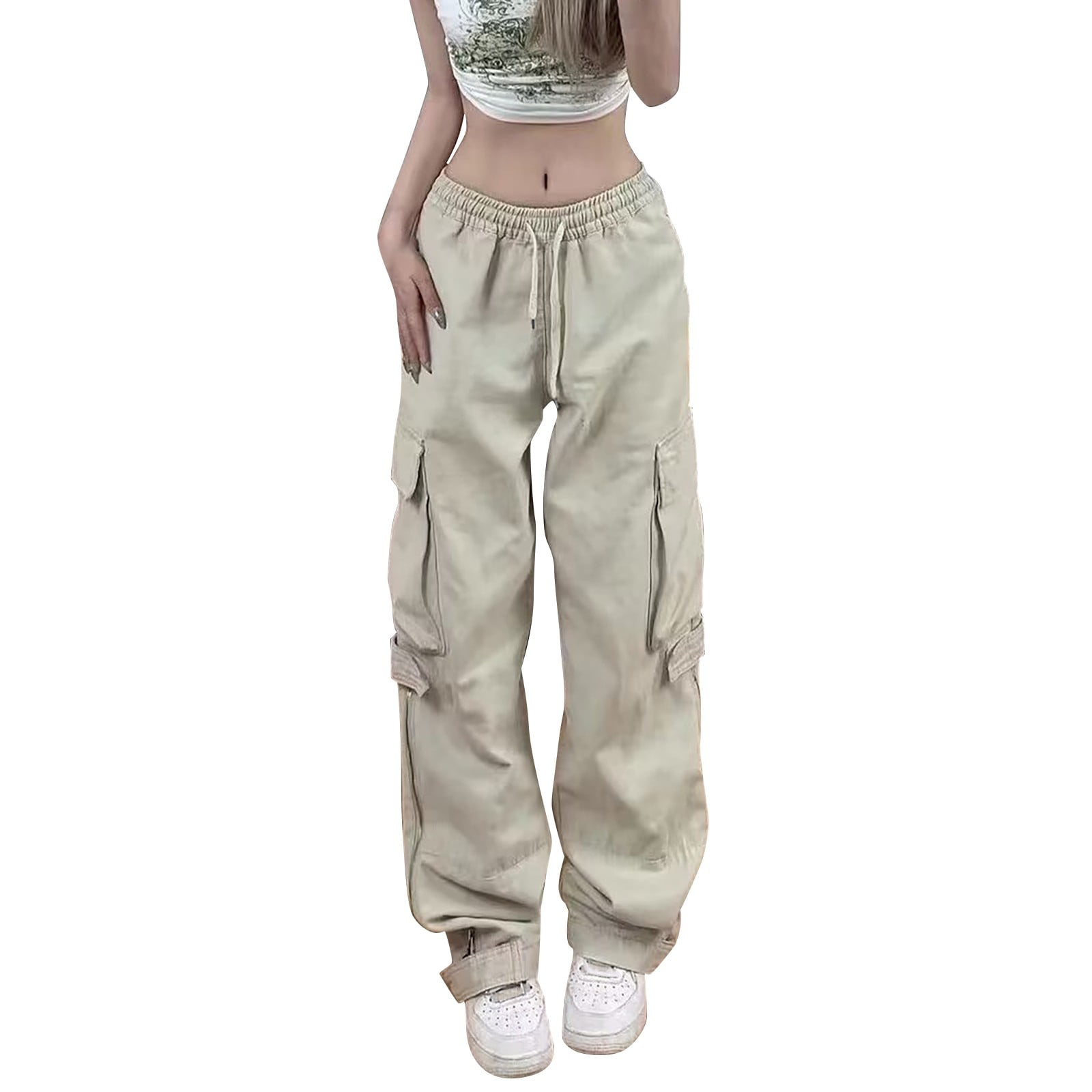 Beige Womens Workwear Pants Big Pockets Y 2k High Elastic Waist ...