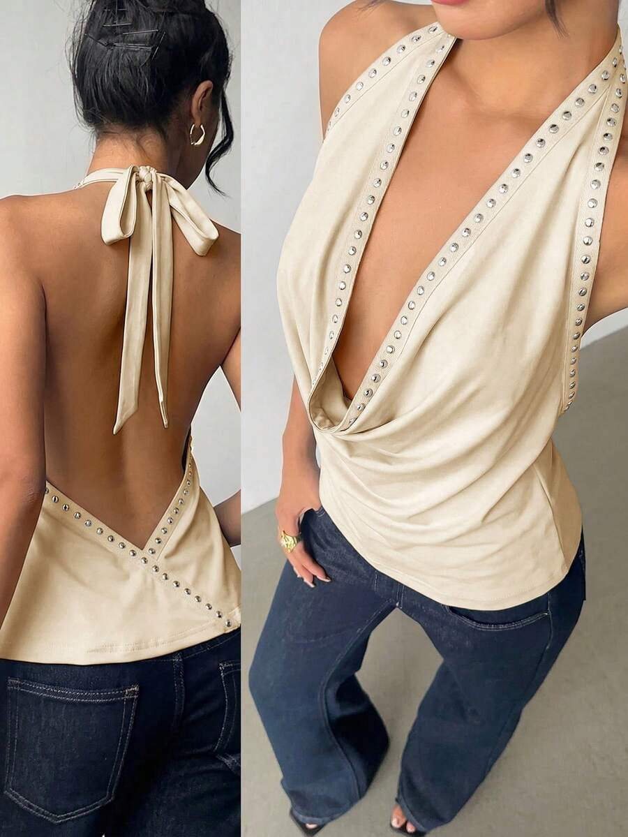 Beige Womens Y2K Draped Halter Top With Studded V-Neck And Backless Tie ...