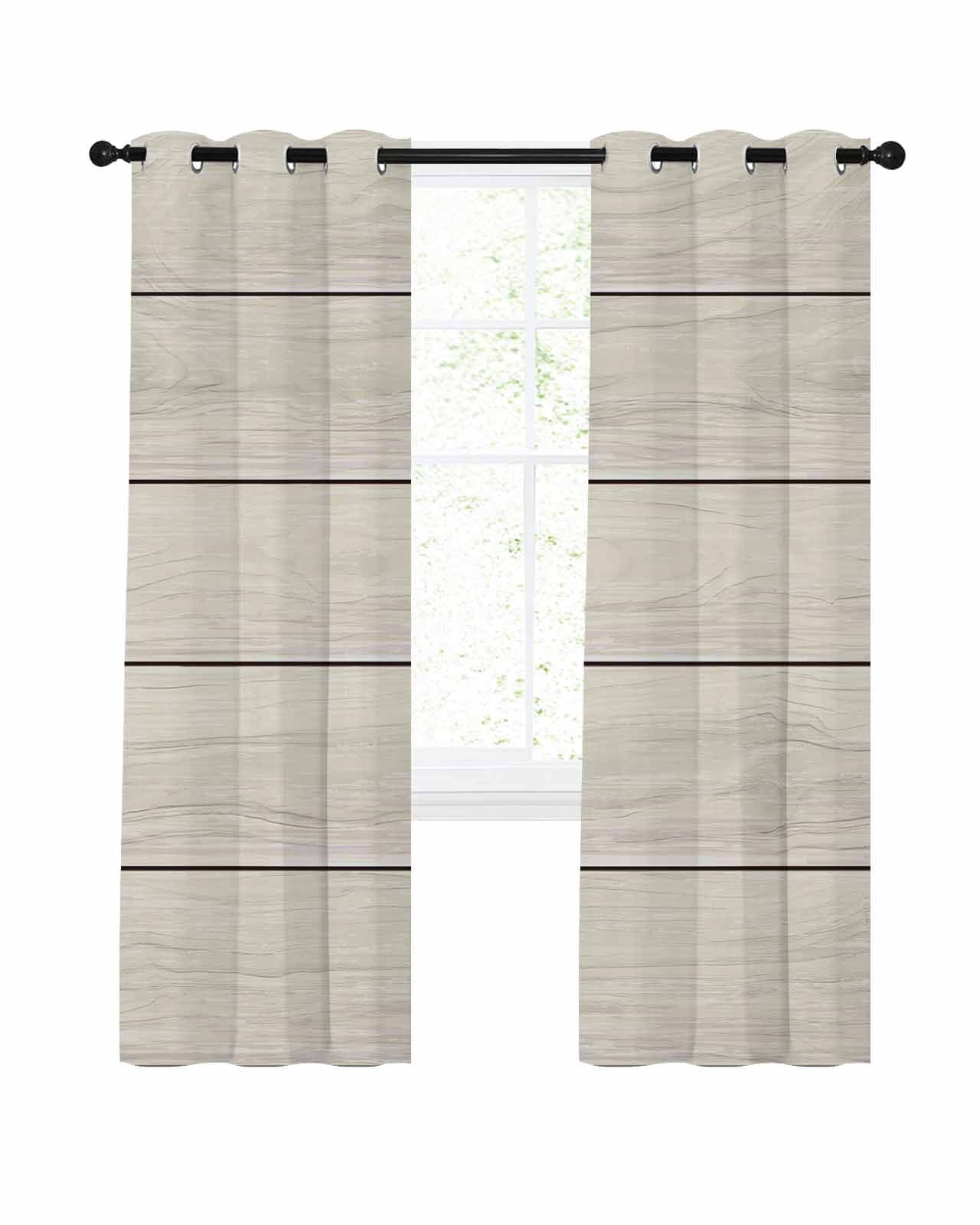 Beige Wood Grain Blackout Curtains, Light Blocking Print Window ...