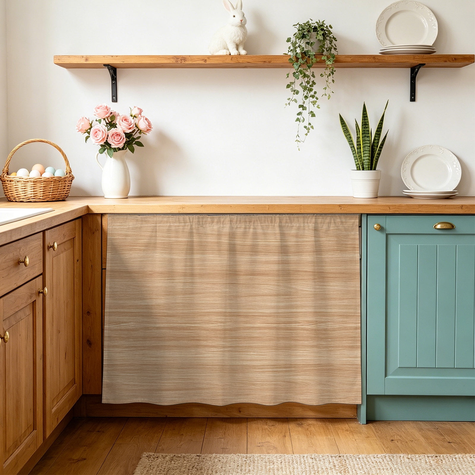 Beige Wood Grain Cabinet Curtains 28" W x 35" L Farmhouse Tree Wooden ...