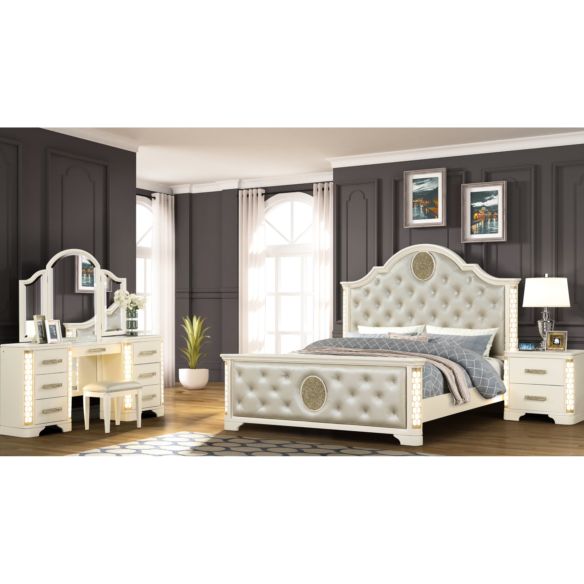 Beige Wood Queen Bedroom With Led Lights & Vanity Dresser Luxury ...