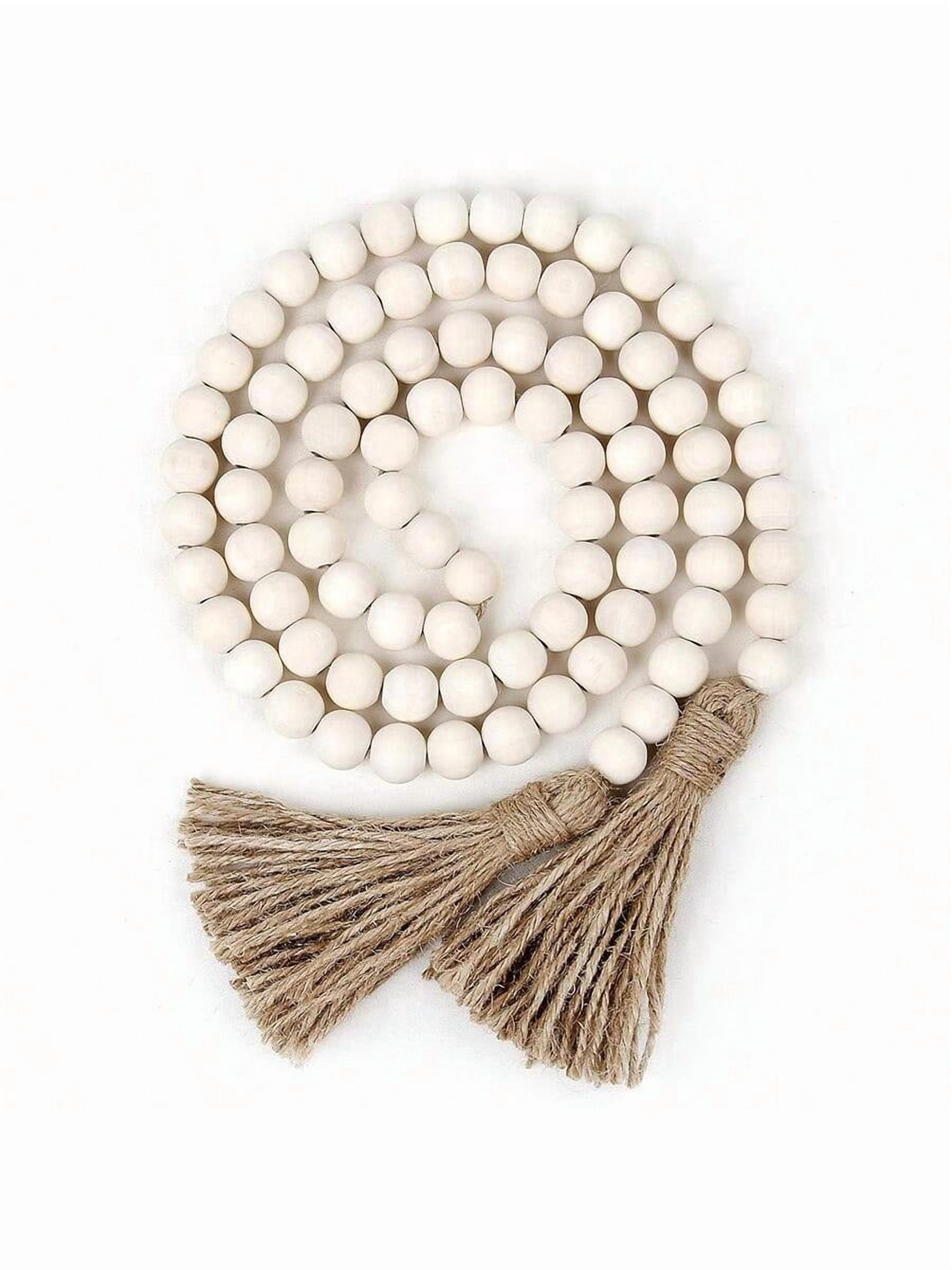 Beige Wooden Bead Garland With Natural Jute Tassels For Wall Hanging ...