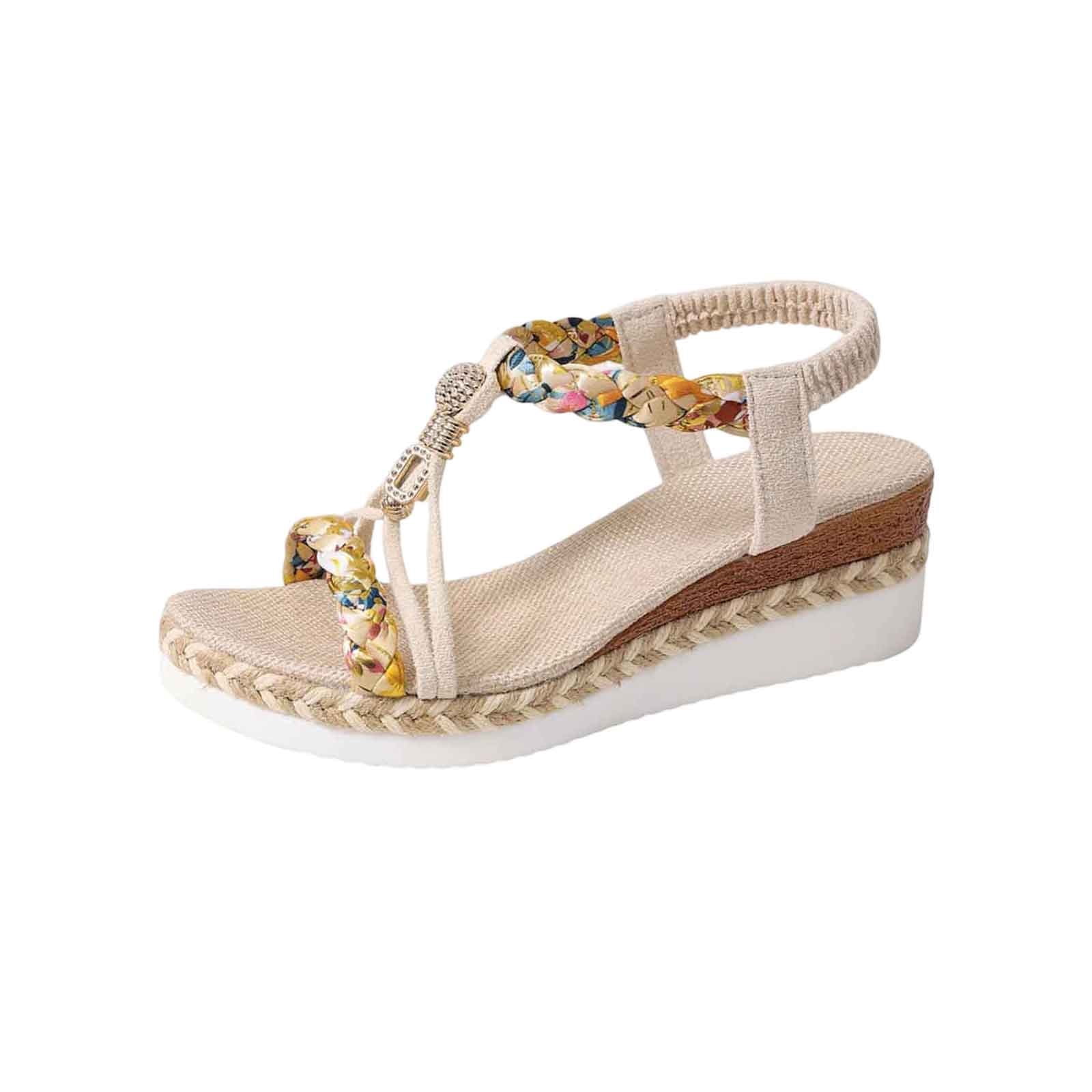 Beige Woven Boho Sandals, Ladies' Summer Beach Wedge Rhinestone ...