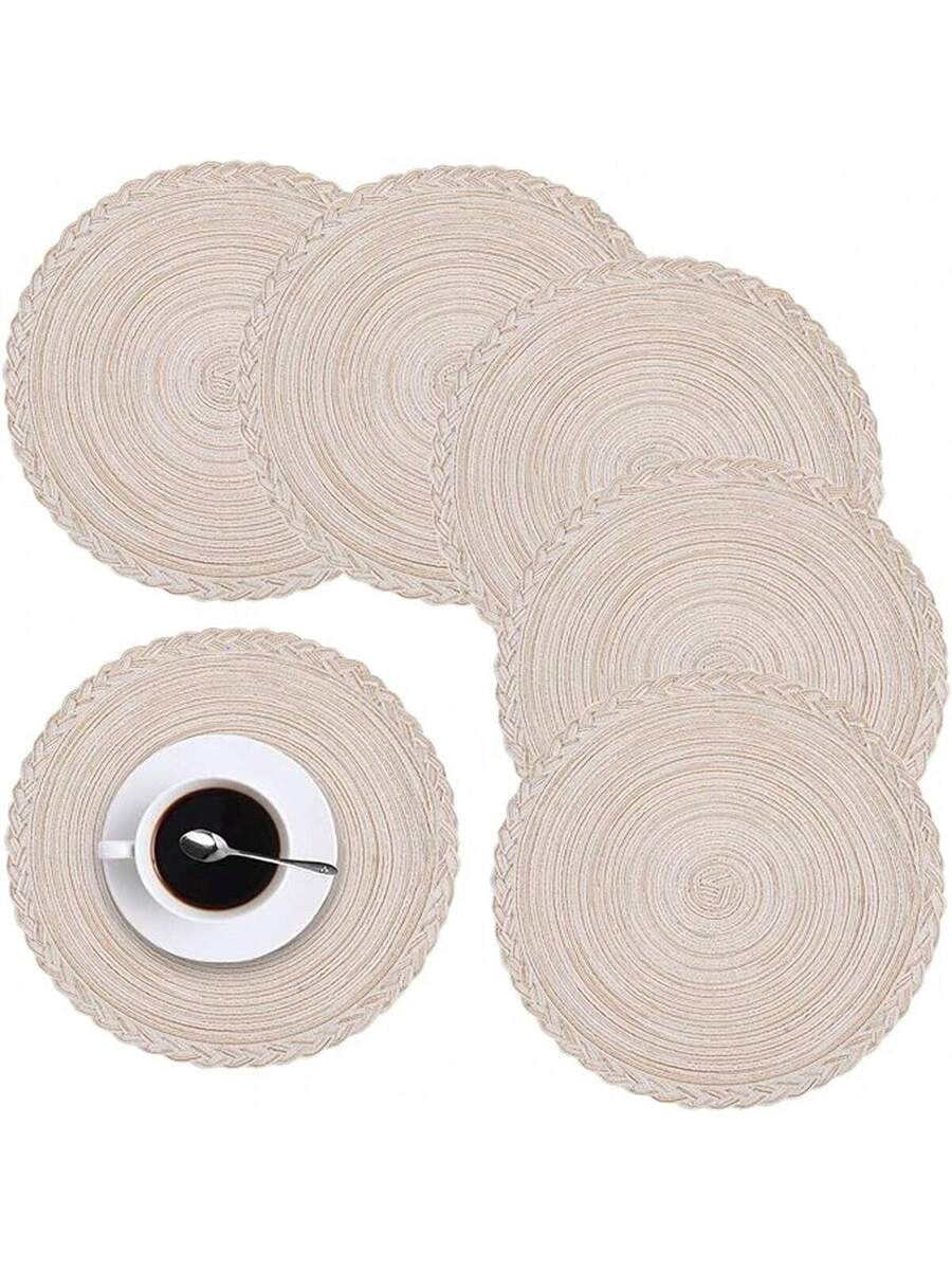 Beige Woven Round Placemats Set - Heat Resistant, Non-Slip, Washable ...