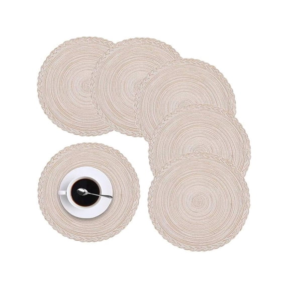 Beige Woven Round Placemats Set - Heat Resistant, Non-Slip, Washable ...