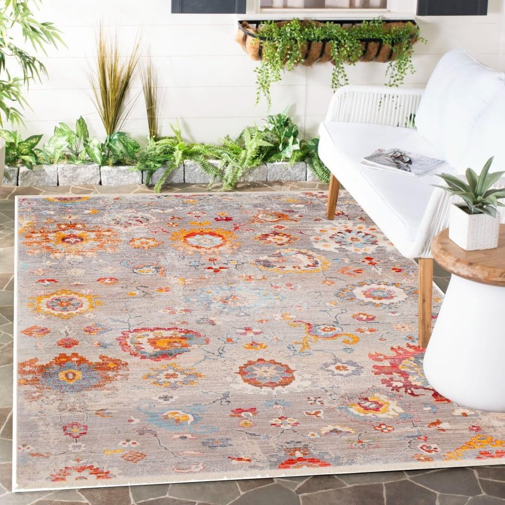 Beige Yellow Floral Boho Distressed Texture Washable Outdoor Rug For ...