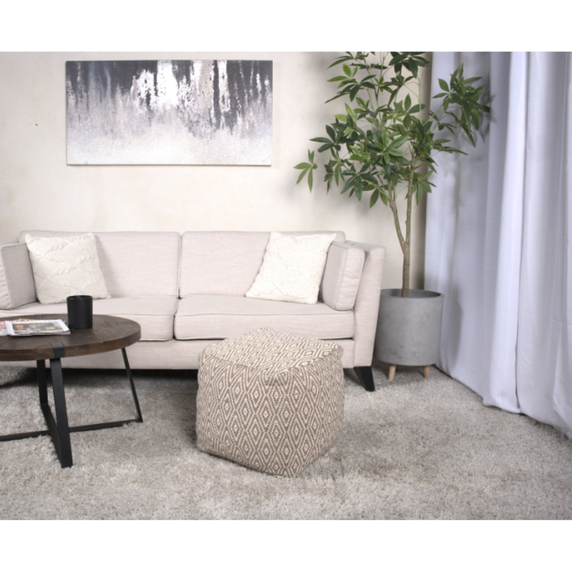 Beige And Yellow Handcrafted Cotton Pouf, Diamond , 15"x15"x15", 250lb ...