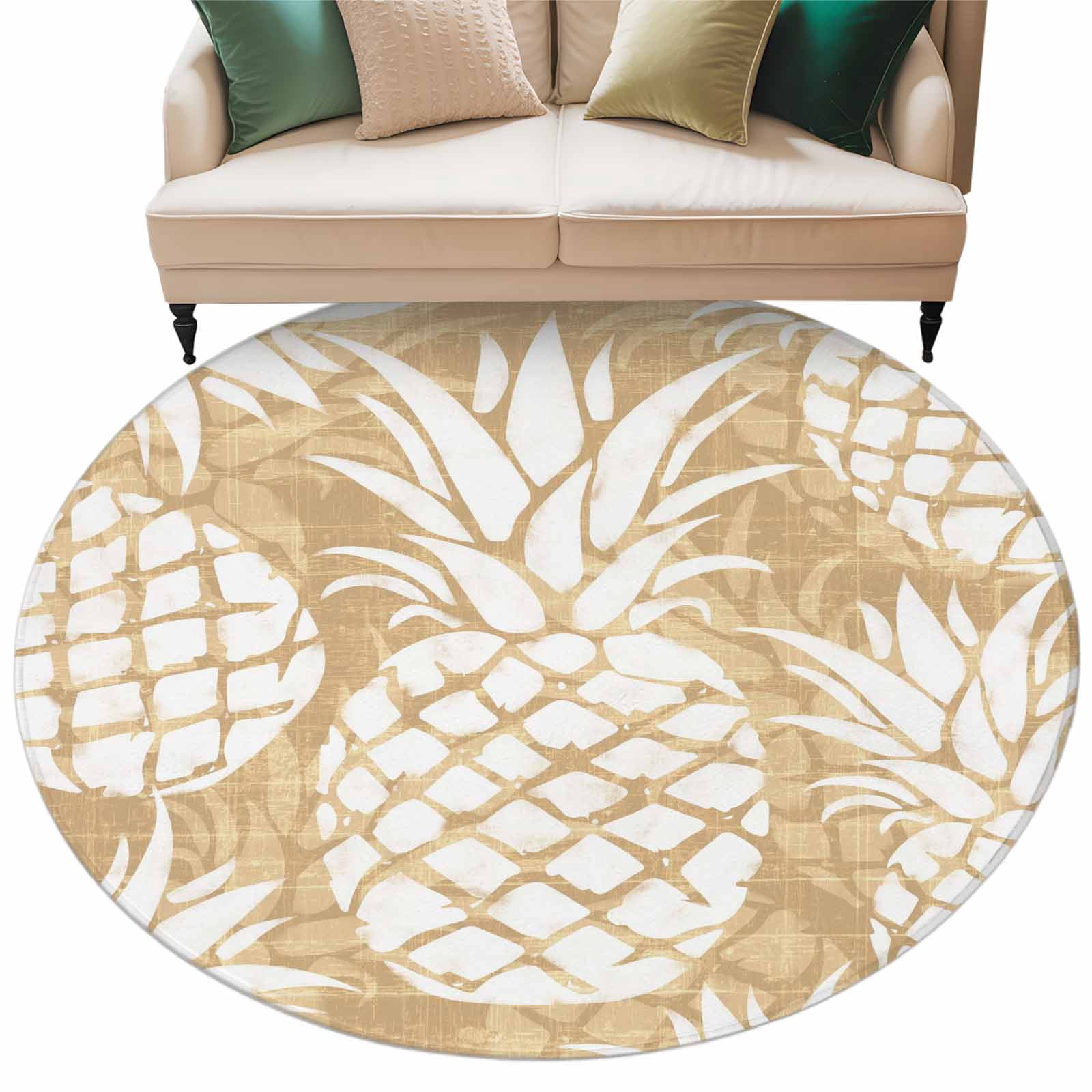 Beige Yellow Pineapple Round Rug 6ft Washable Circle Kitchen Rugs Non ...