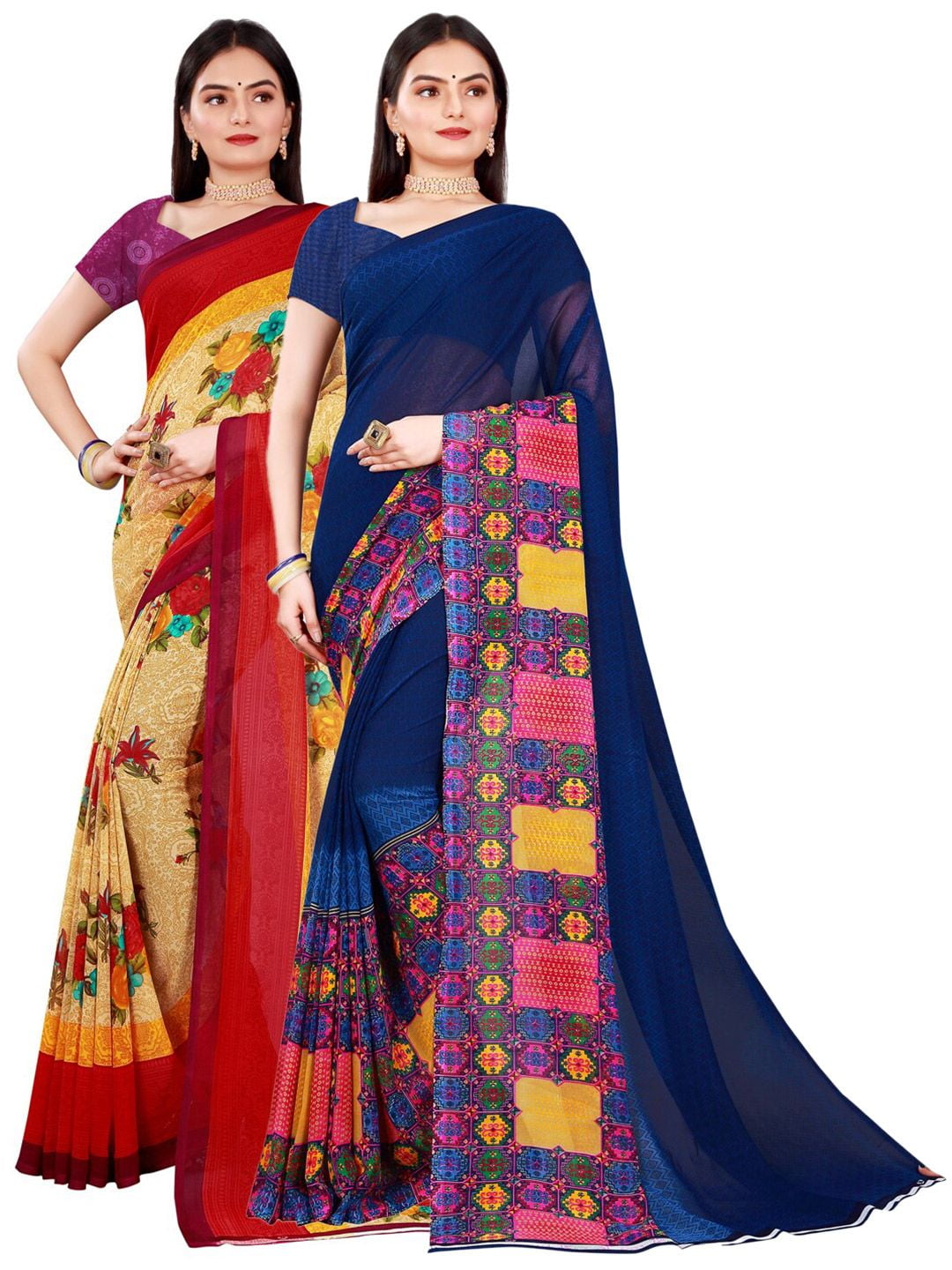 Beige & Yellow Pure Georgette Saree Pack of 2 - 18582146 - Walmart.com