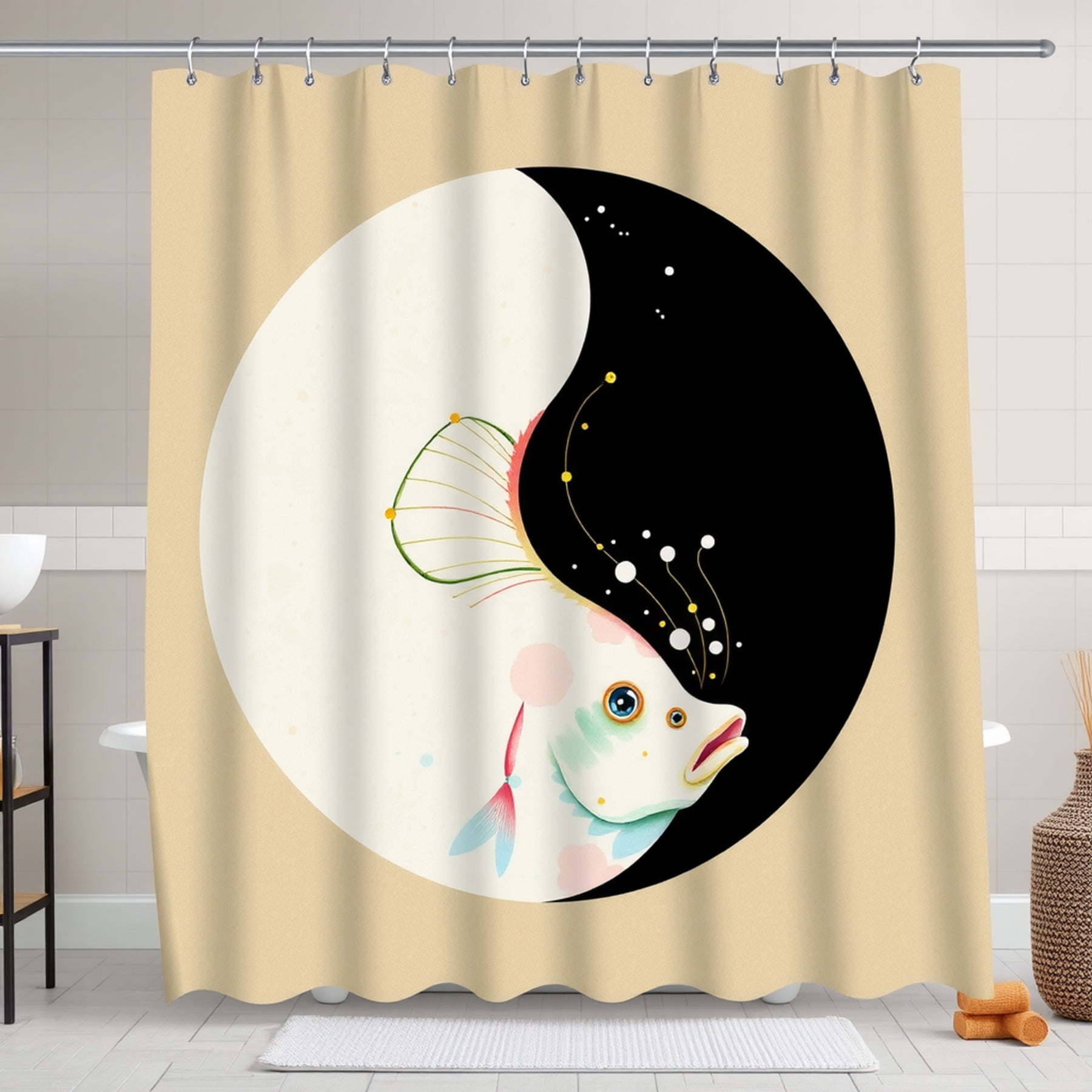 Beige Yin- Fish Shower Curtain - Colorful Scales & Abstract Design for ...