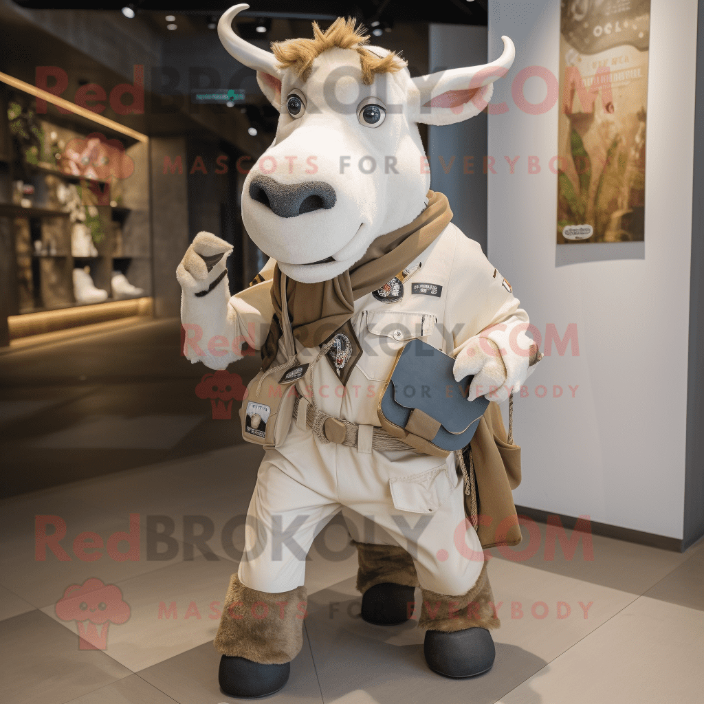Beige Zebu REDBROKOLY mascot costume character dressed with a Cargo ...