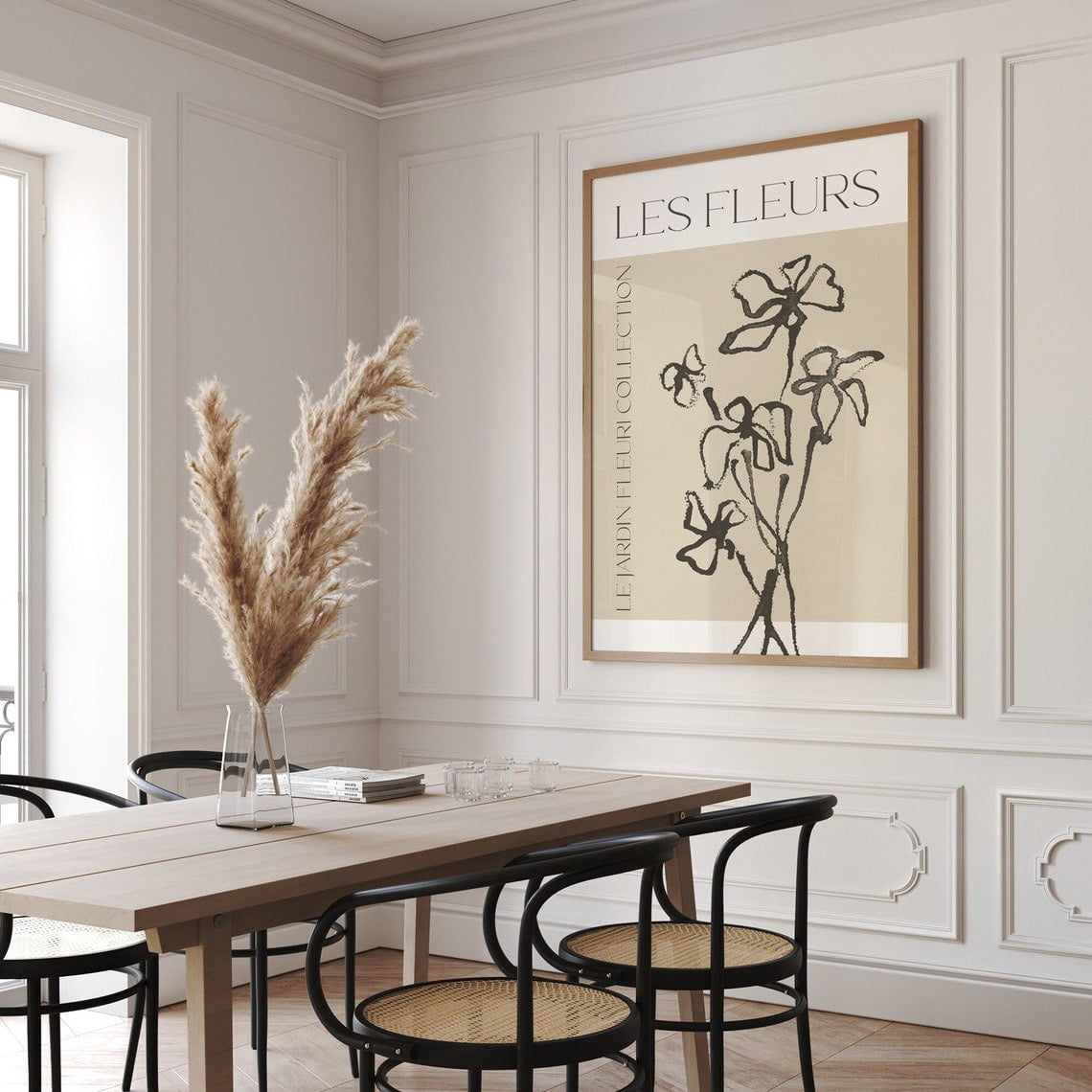 Beige and Black Flower Line Art French Botanical Neutral Floral Boho ...