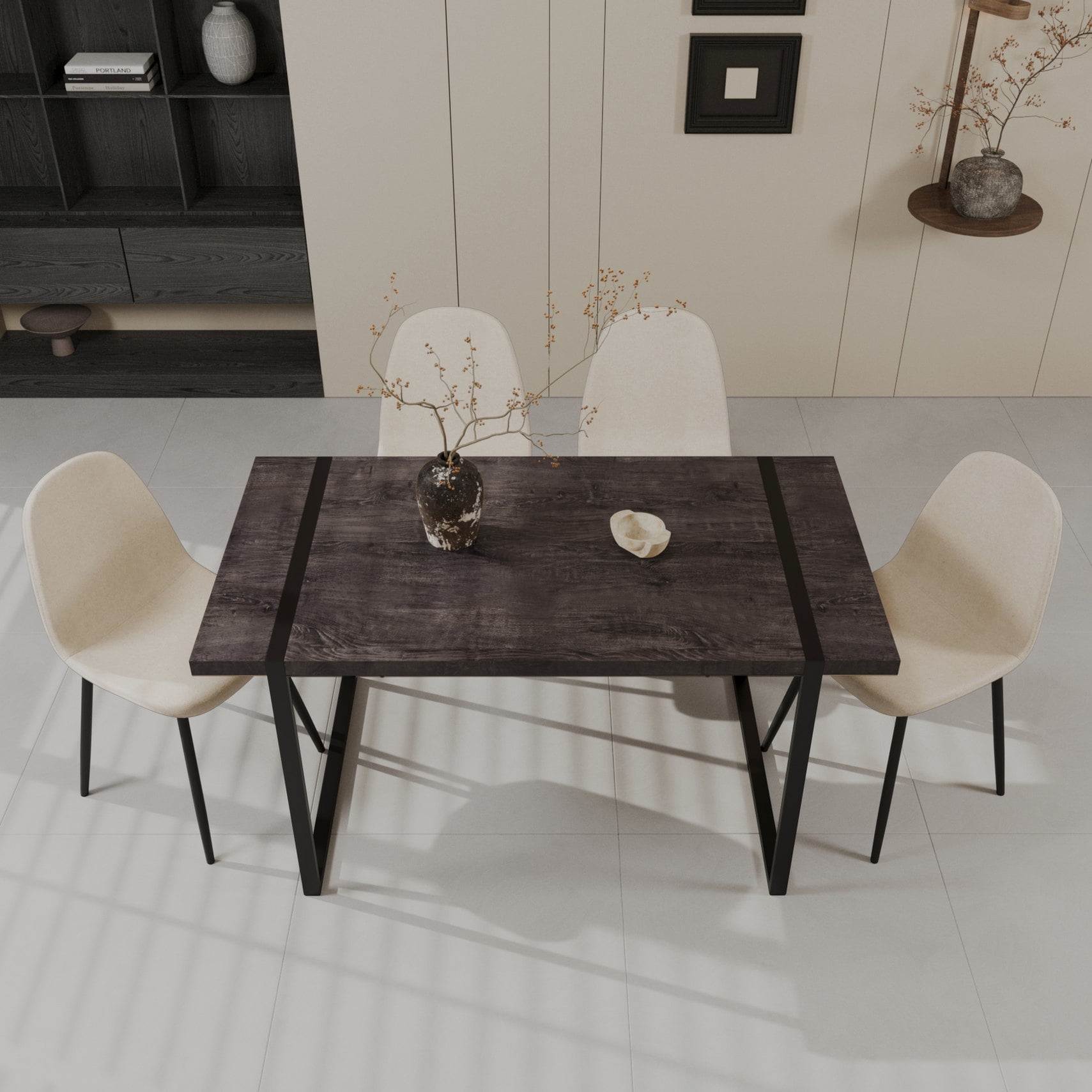 Beige and Black MDF Dining Table and 4-Chair Set / Coordinated Design ...