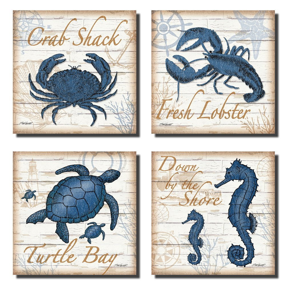 Beige and Blue Ocean Creature Adult Coastal Decor; 4 - 12" x 12 ...