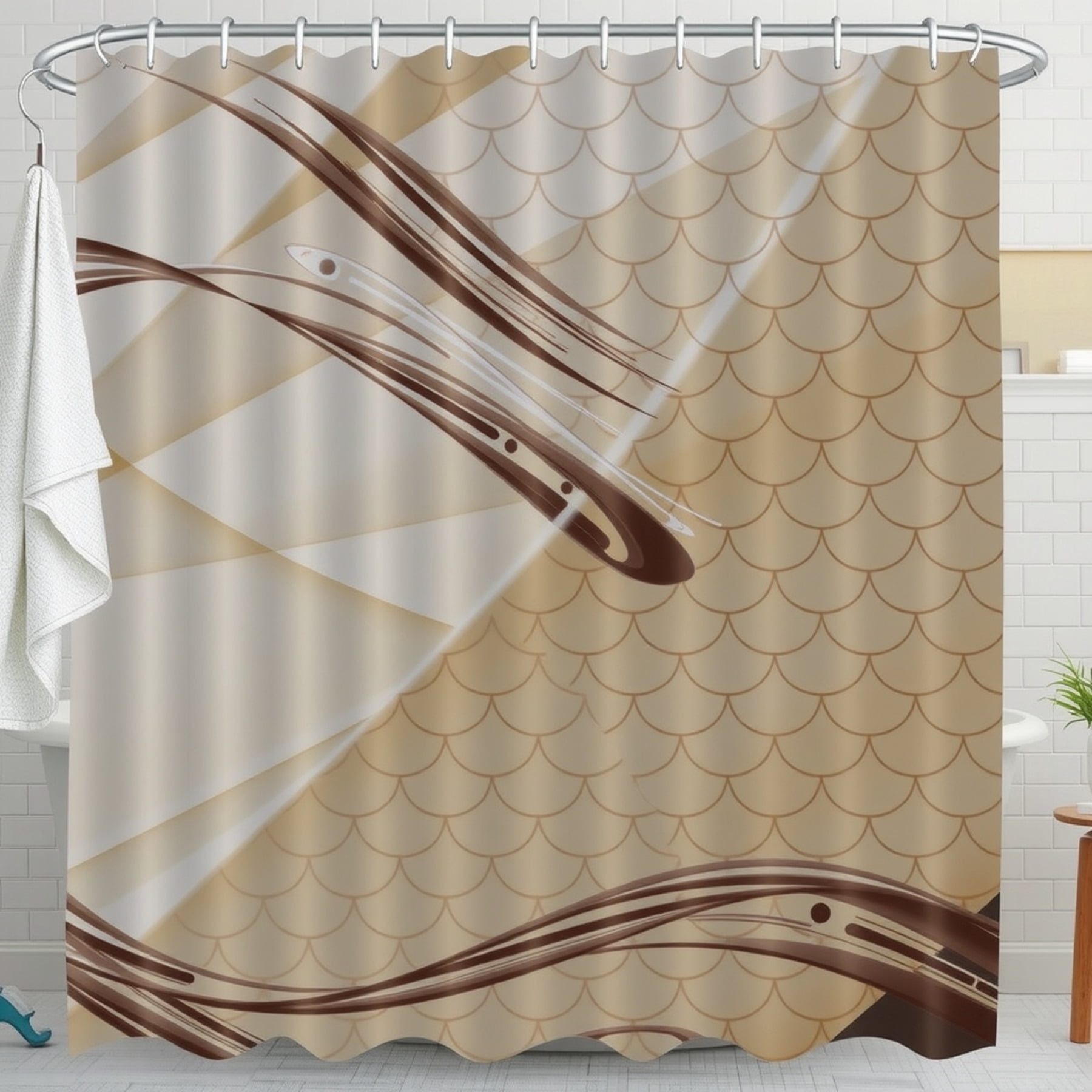 Beige and Brown Fish Scale Shower Curtain with Abstract Brushstroke ...