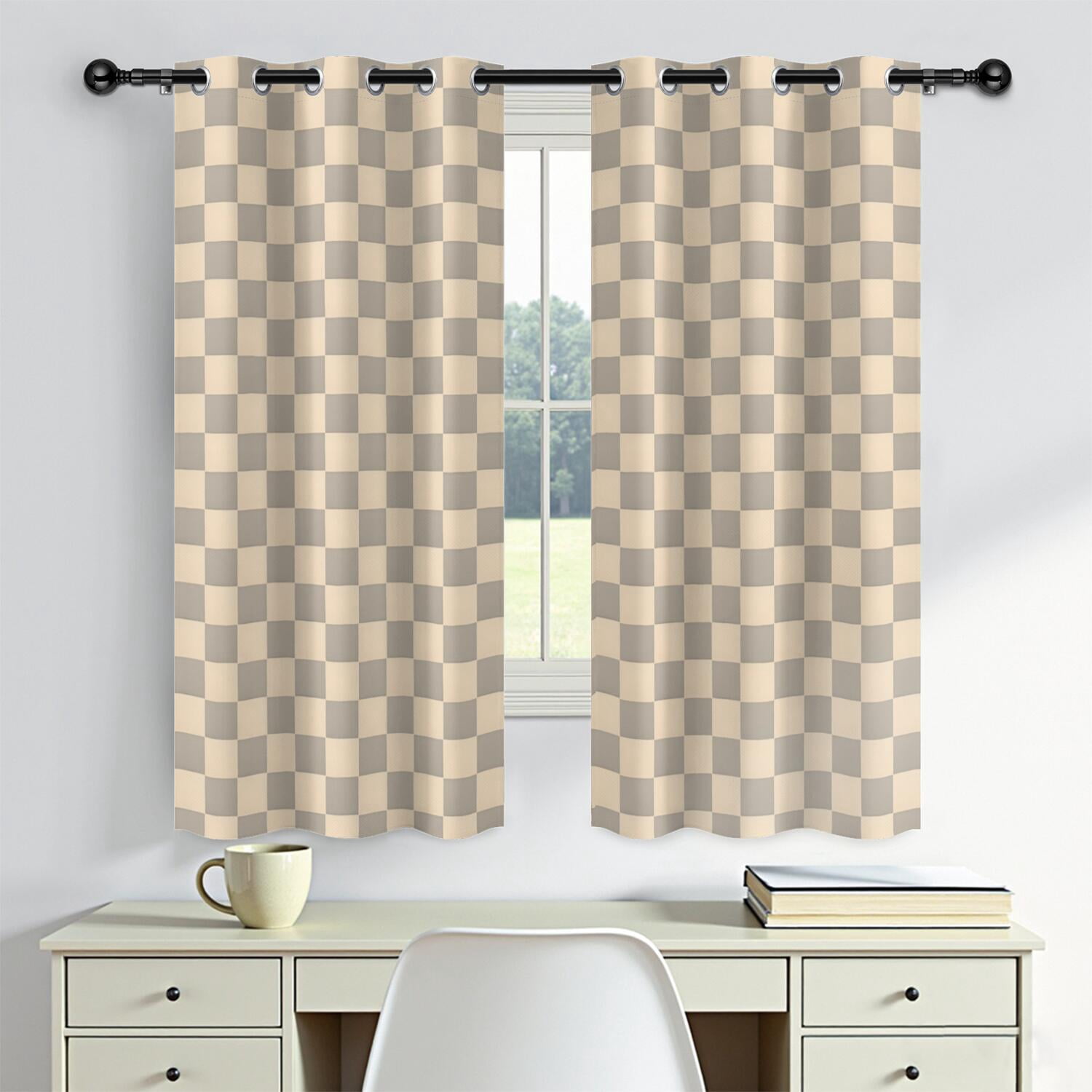 Beige and Gray Checkered Pattern Blackout Curtains,Triple Weaved Fabric ...