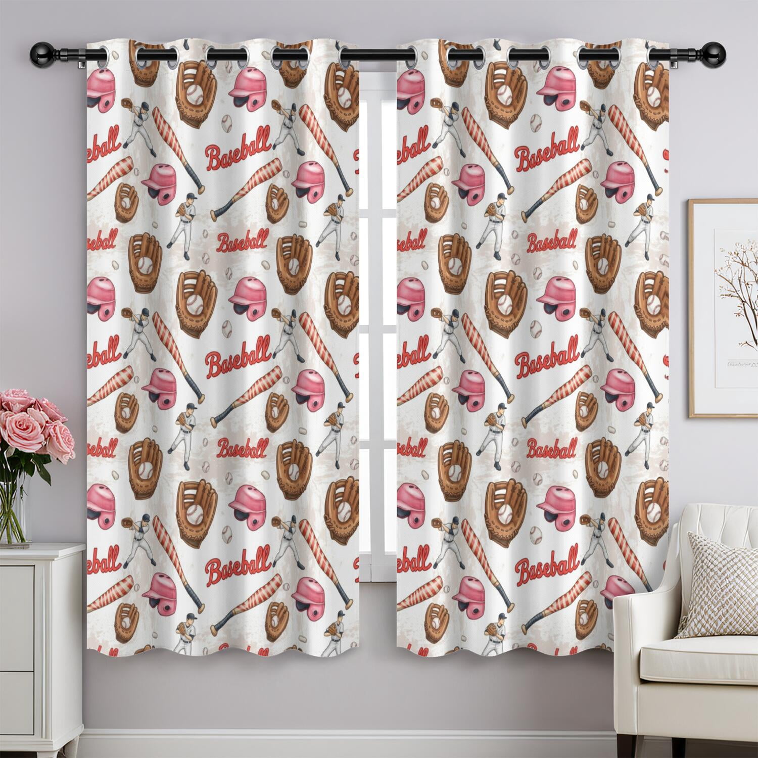 Beige and Pink Baseball Pattern Blackout Curtains,Triple Weaved Fabric ...
