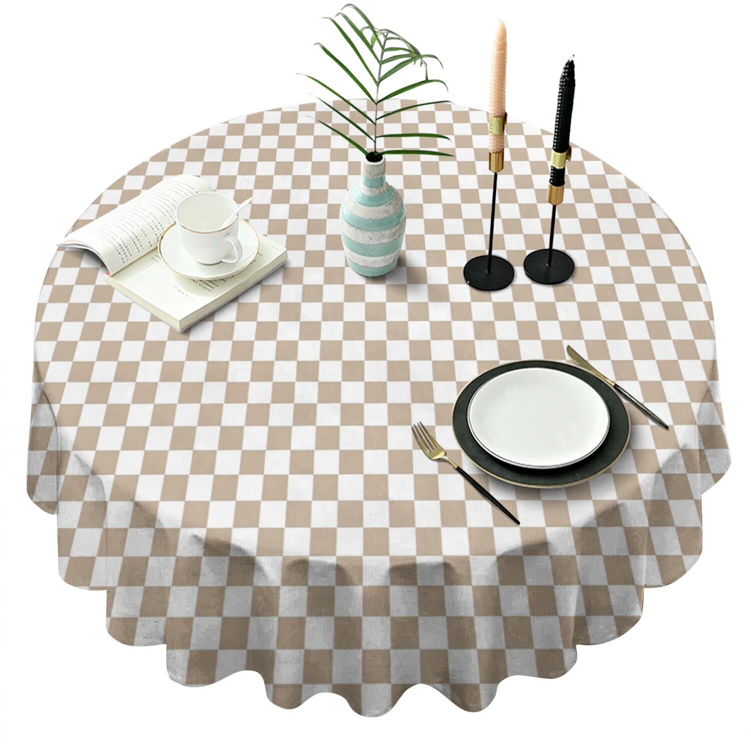 Beige and White Checkerboard Pattern Round Tablecloth 60"x60",Wrinkle ...