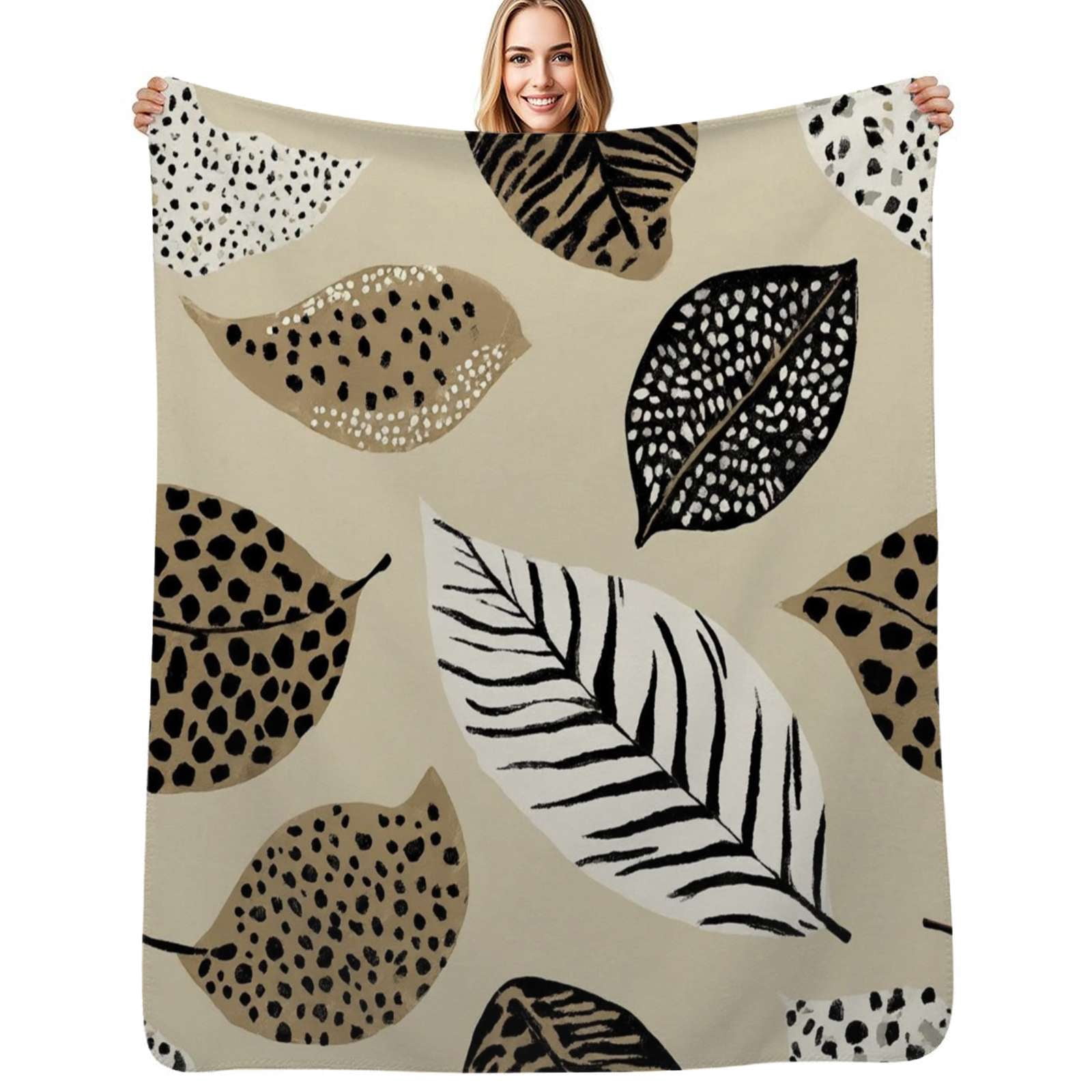 Beige background leaf animal print Flannel Blanket Warm Soft Bedding ...