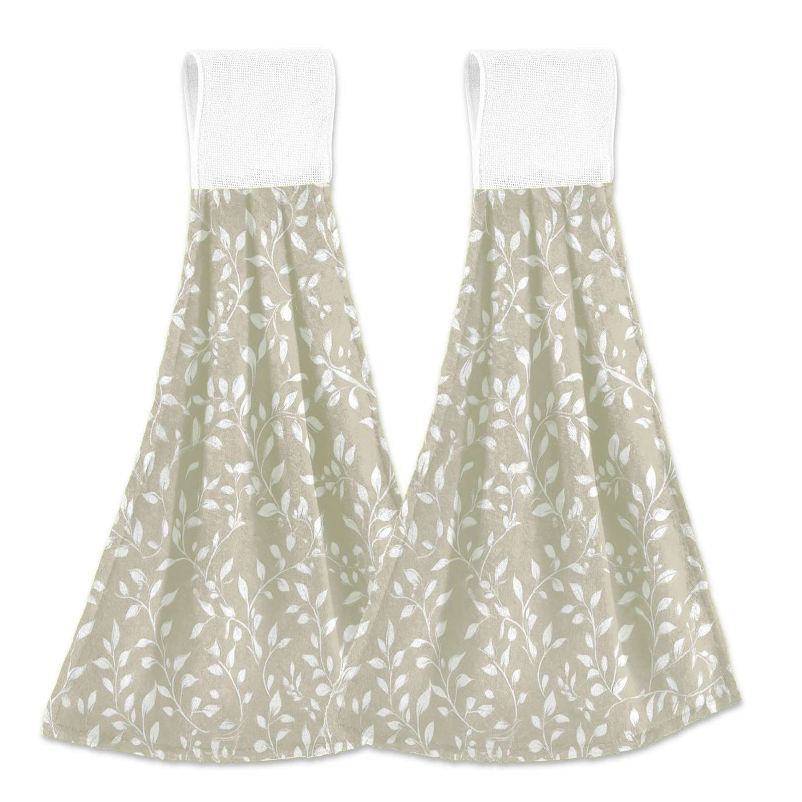 Beige background white leaf pattern Hanging Kitchen Hand Towels Sets ...