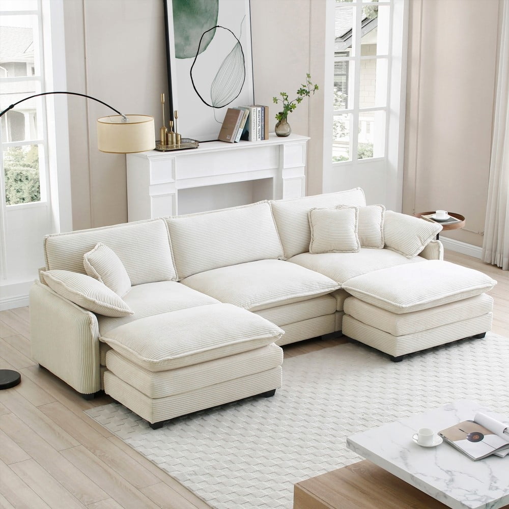 Modern Beige Corduroy 3-Seater Sofa with Removable Ottoman (220×80×75cm ...