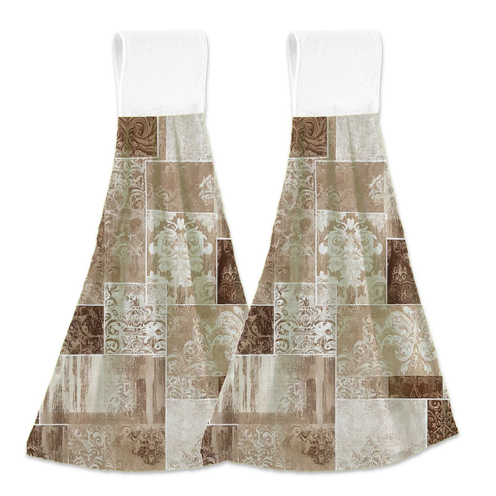 Beige damask patchwork design Hanging Kitchen Hand Towels Sets with ...