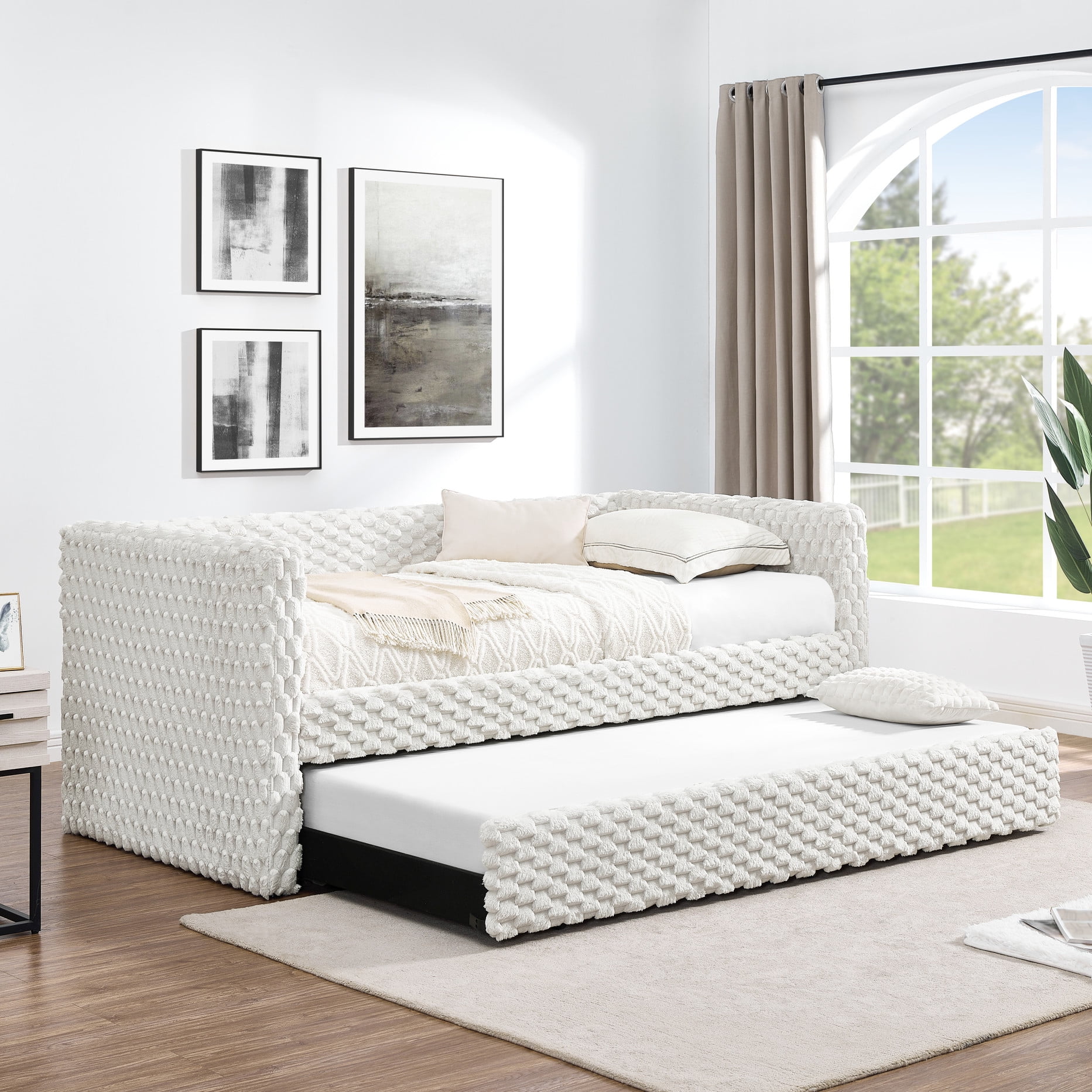Beige daybed with handy pull - out drawers - Pulls out to meet ...