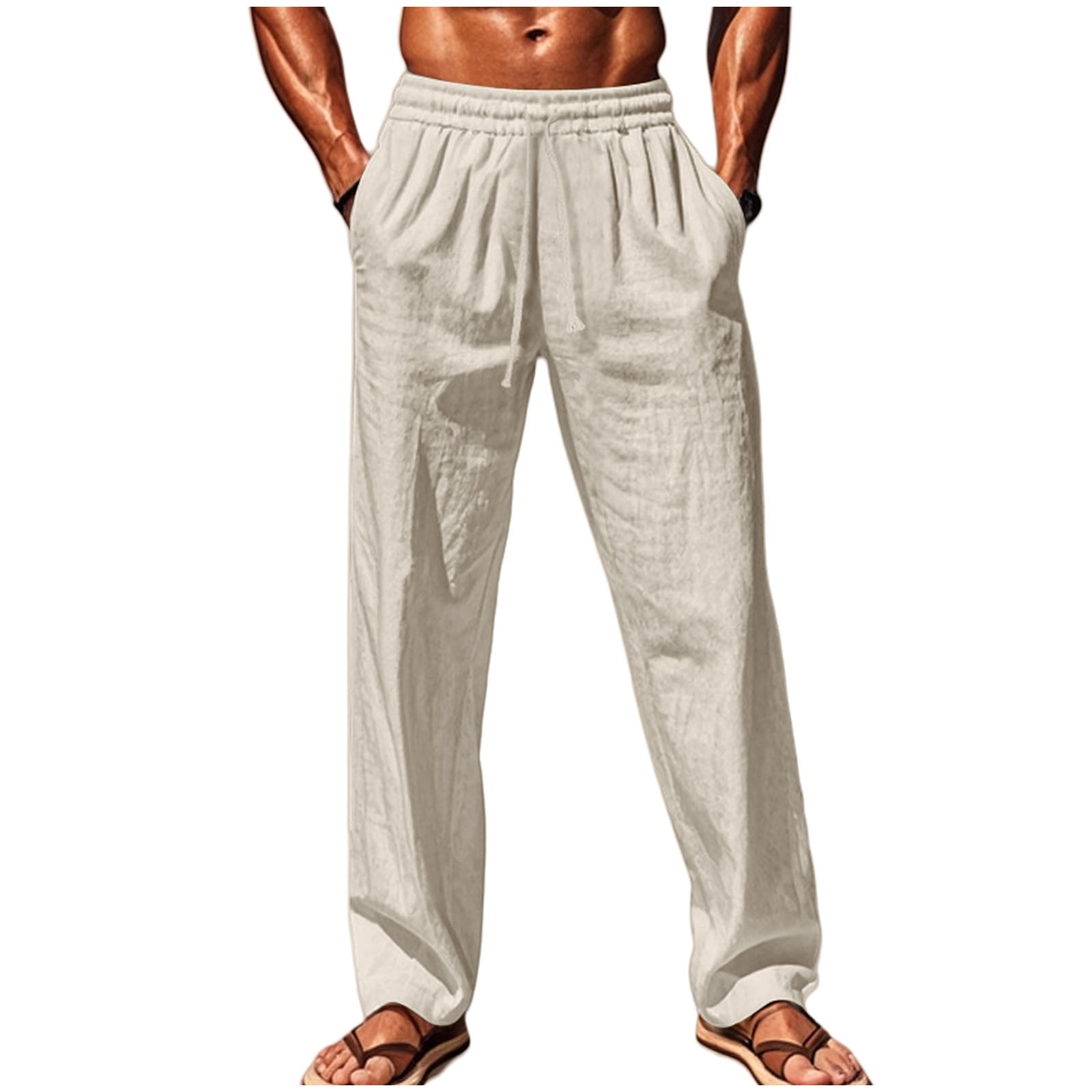Beige for Man Summer Fall Spandex Faux Gauze Linen Casual Pleated ...