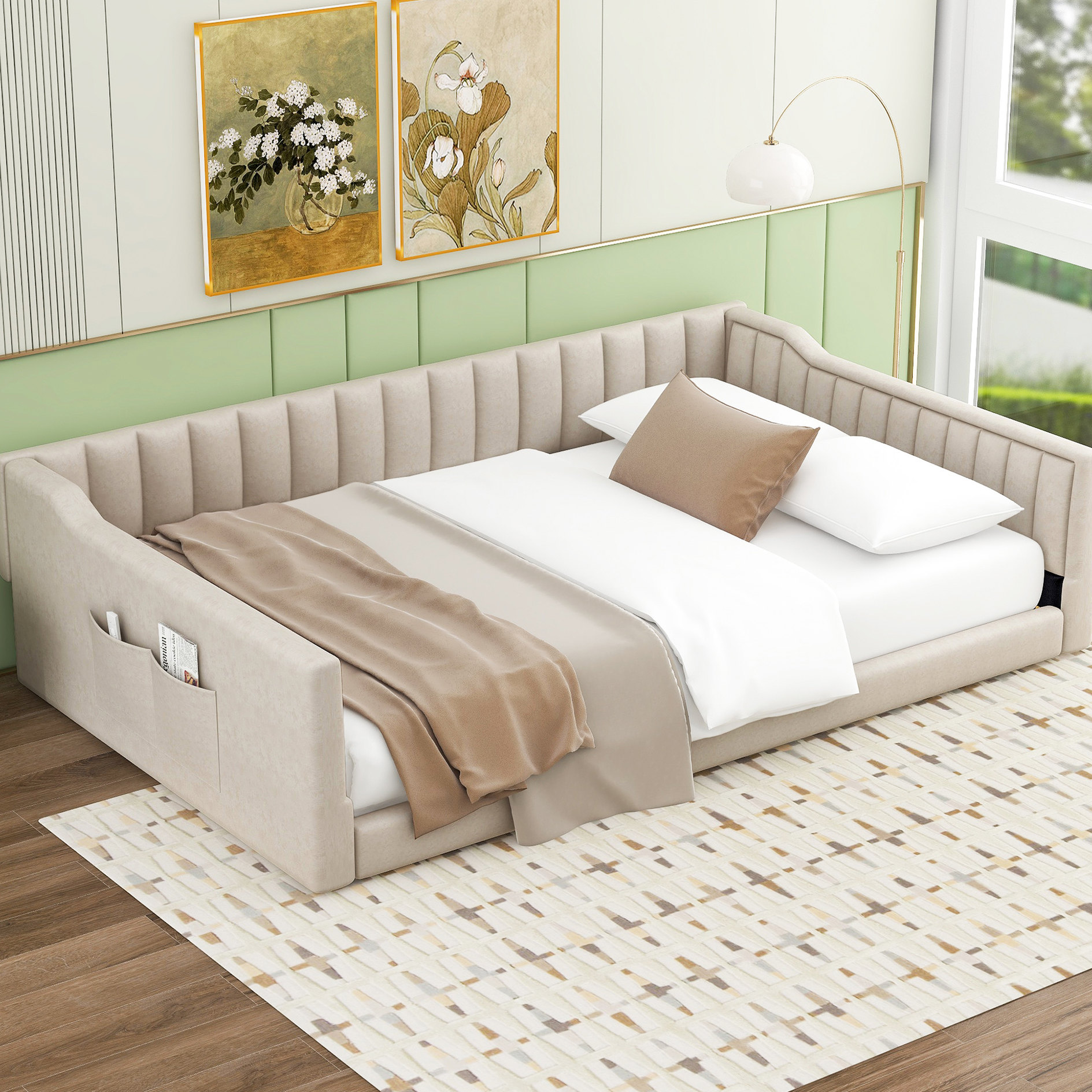 Beige full XL upholstered daybed with sloped arms for modern and ...