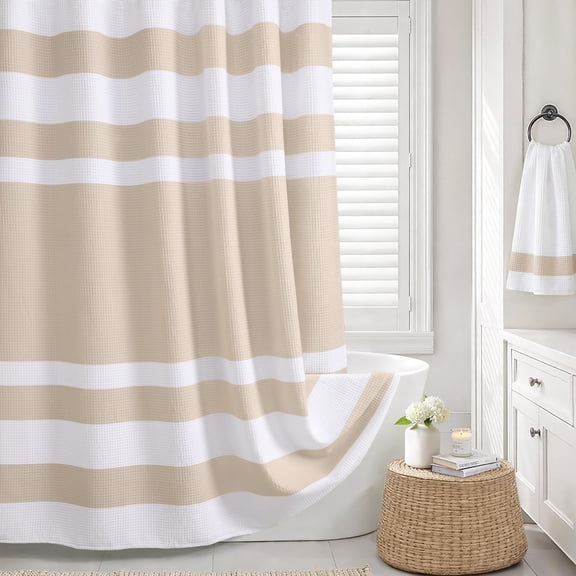 Extra Long 90 Inch Linen Beige Farmhouse Shower Curtain with Ruffle Hem ...