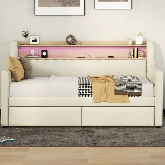 Beige twin daybed with LED RGB | 2 storage drawers for clothes, sturdy ...