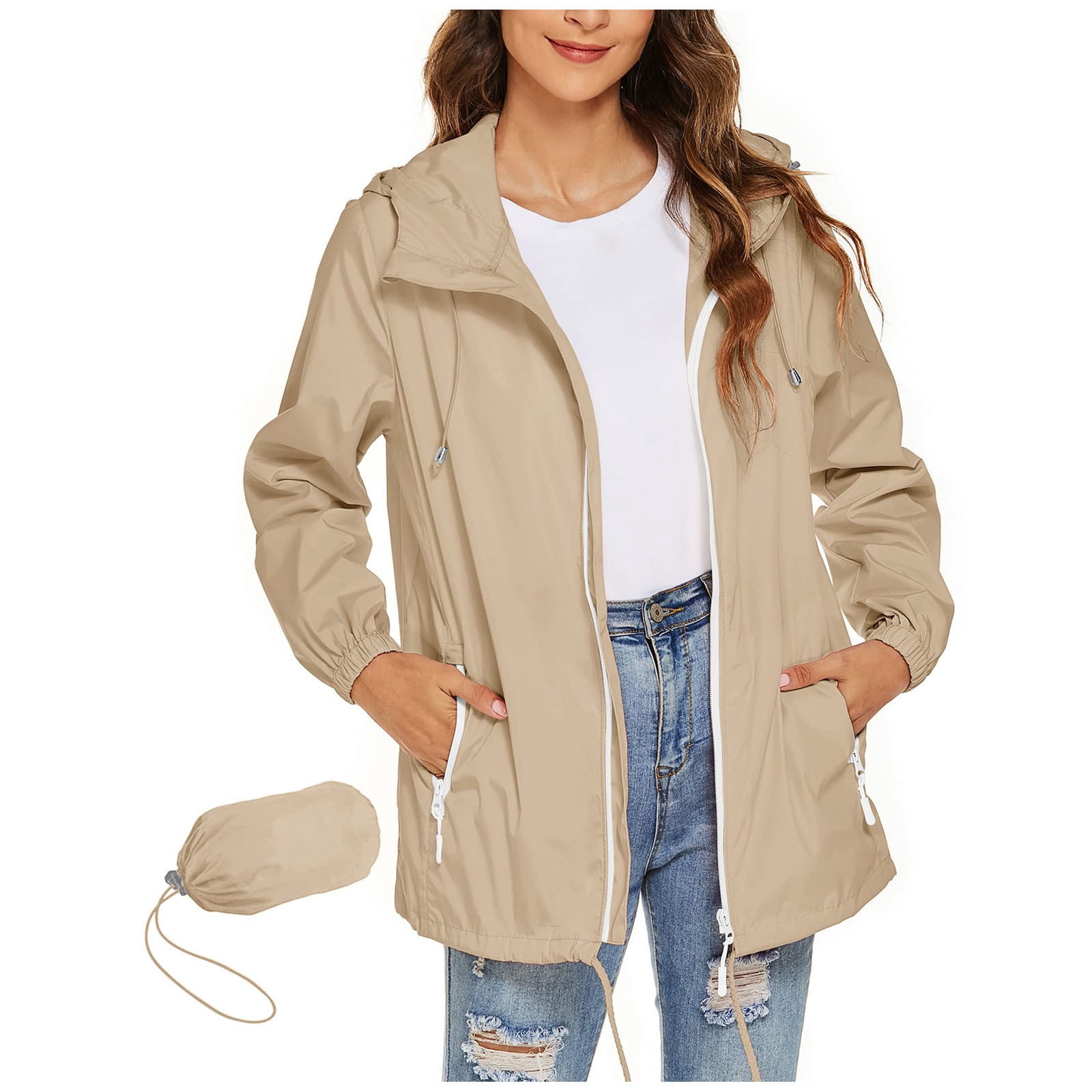 Beige with Hood Waterproof Rain Coat for Women Fall Winter Long Sleeve ...