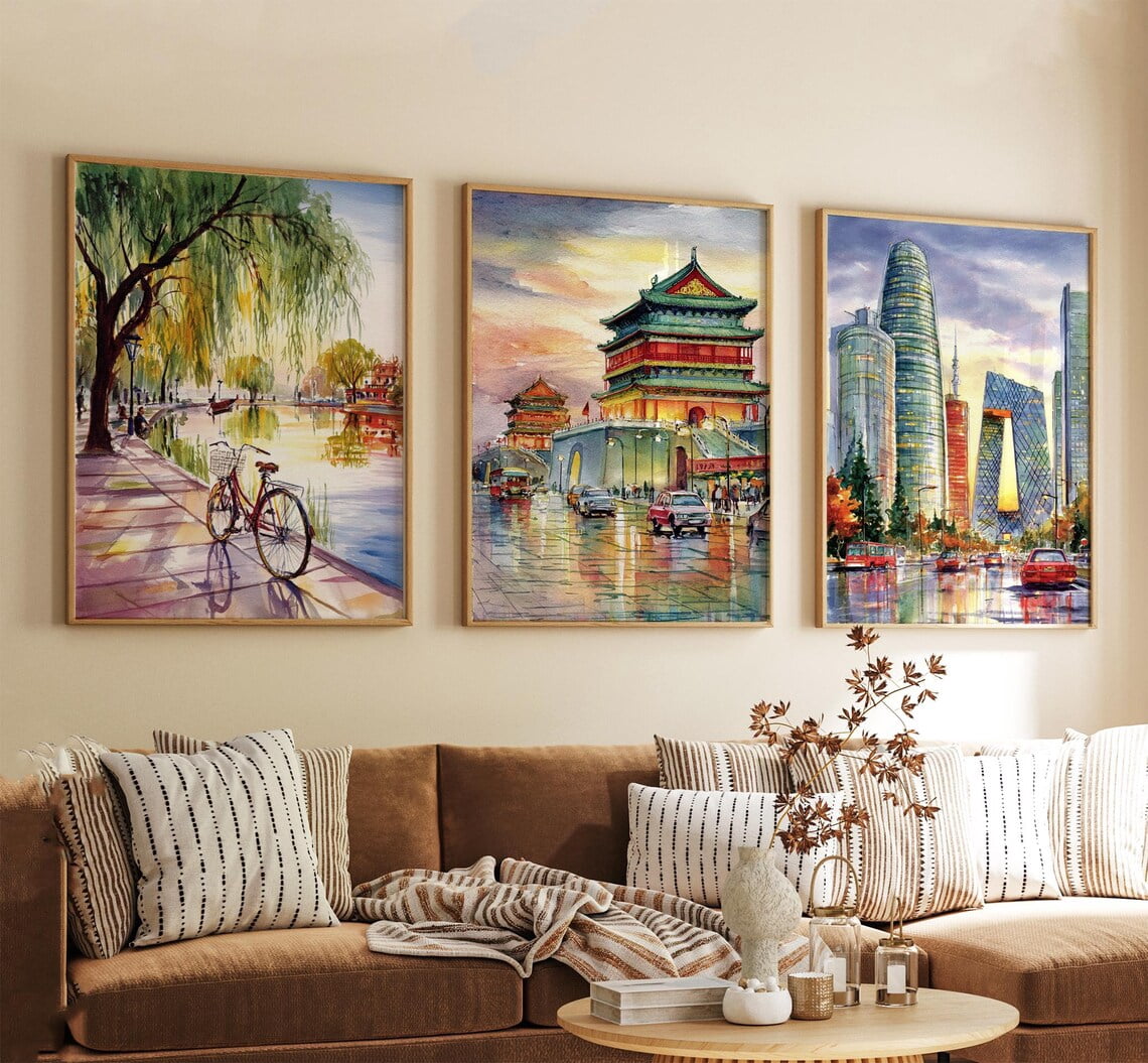 Beijing China Vintage Inspired City Landscape Neutral Wall Art Set 3 ...