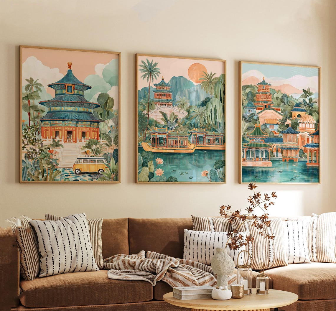 Beijing China Vintage Inspired City Landscape Neutral Wall Art Set 3 ...