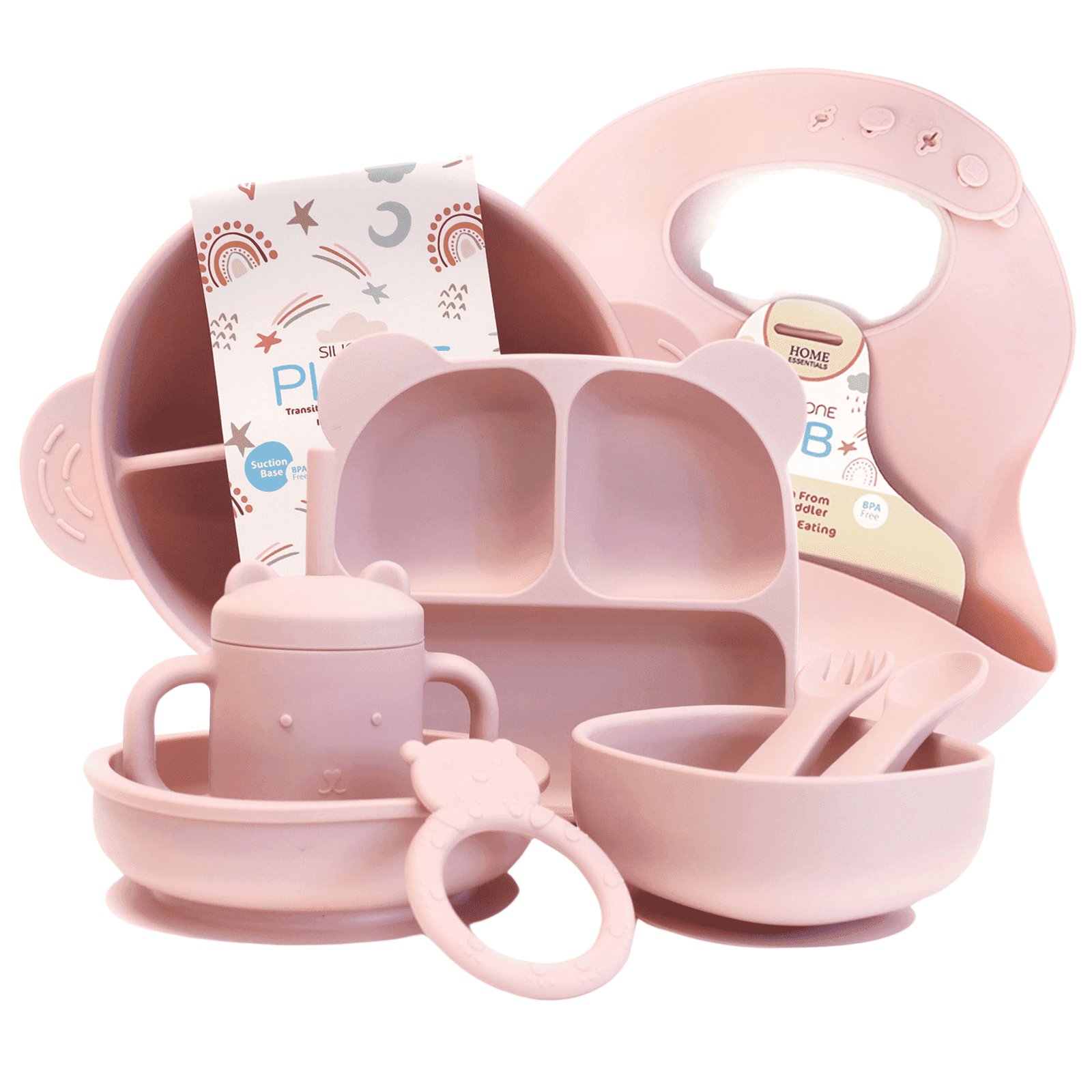 Beille 9pc Pink Silicone Baby Feeding Set Suction Plates Teether Sippy ...