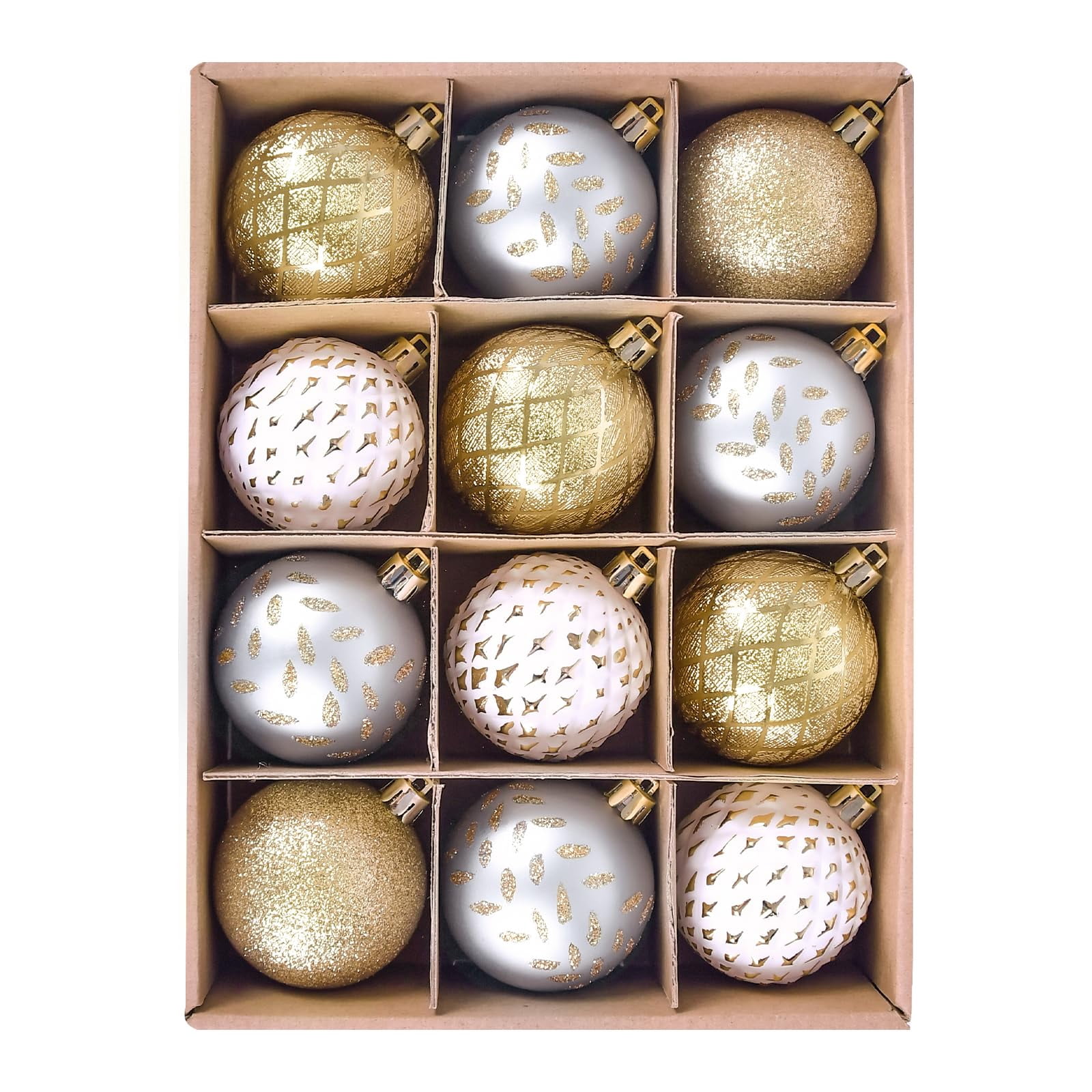 Beinhome 12pcs 60mm Christmas Ball Ornaments Set, White Silver and Gold ...