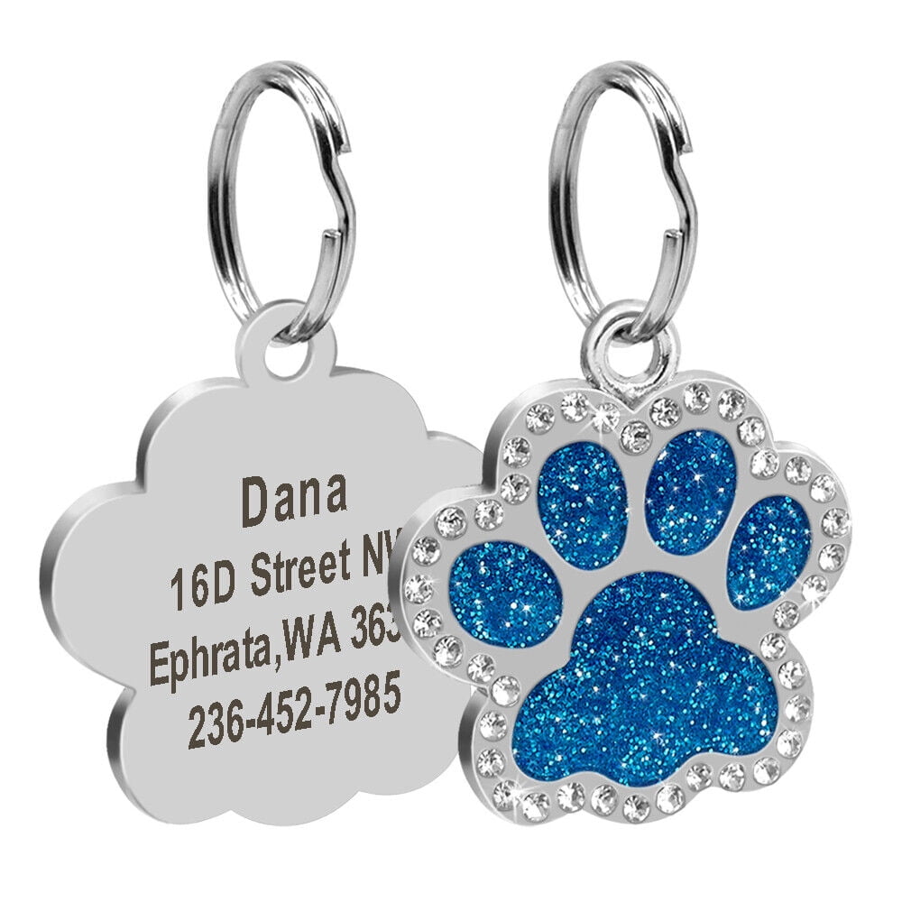 Beirui Glitter Paw Personalized Dog Tag Small Puppy Cat Rhinestones ID ...