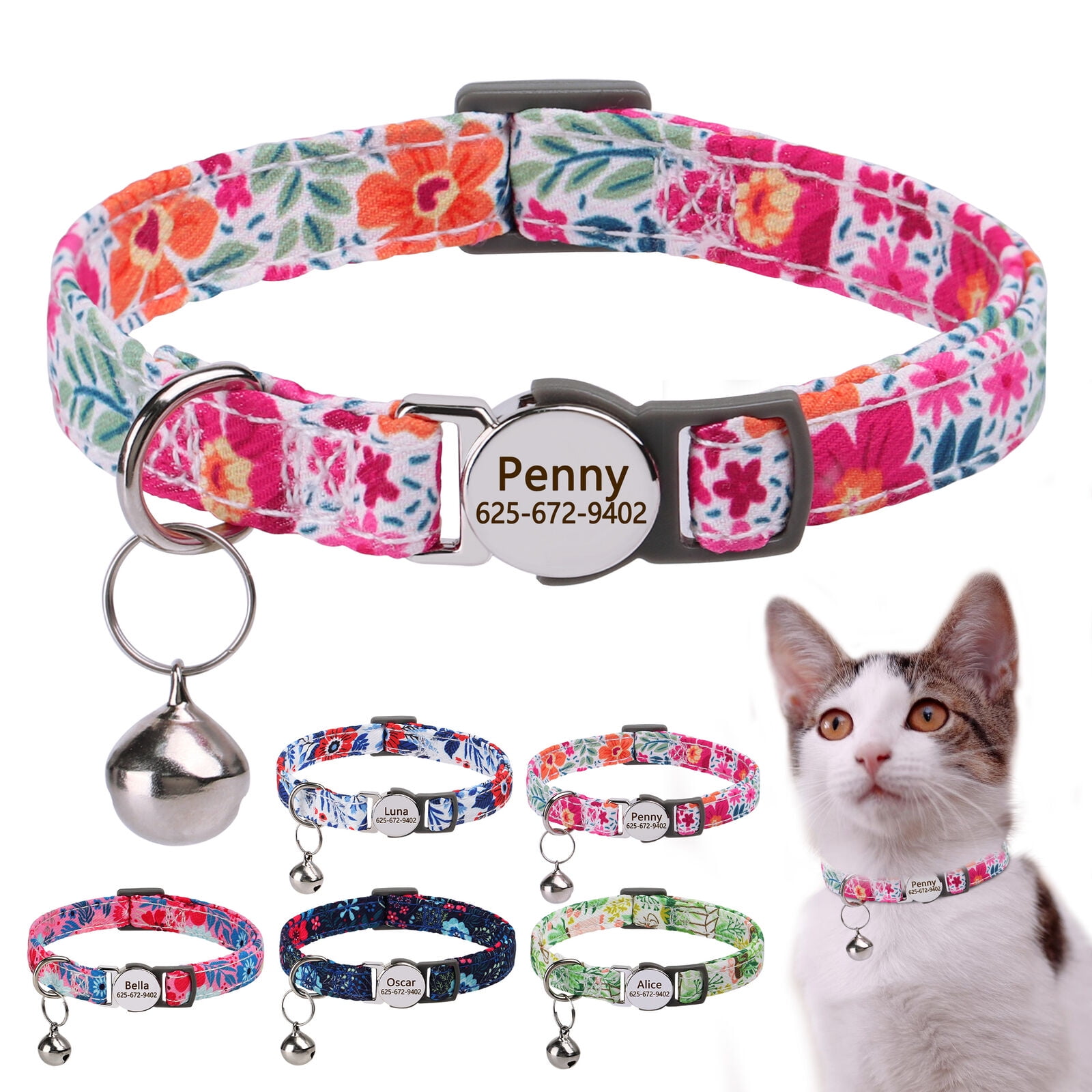 Beirui Personalized Breakaway Cat Collar with Bell Quick Release Buckle ...