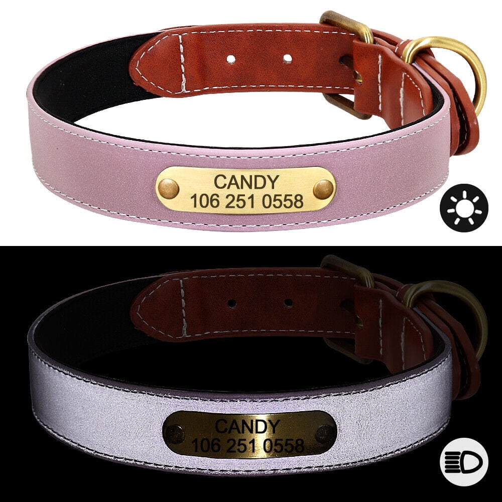 Beirui Reflective Personalized Dog Collars Leather Adjustable ID Name ...
