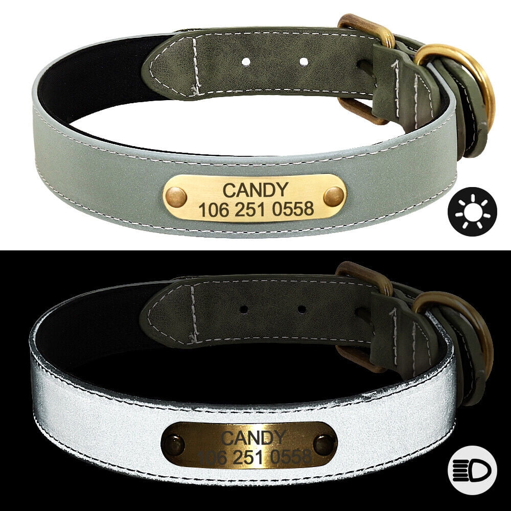 Beirui Reflective Personalized Dog Collars Leather Adjustable ID Name ...