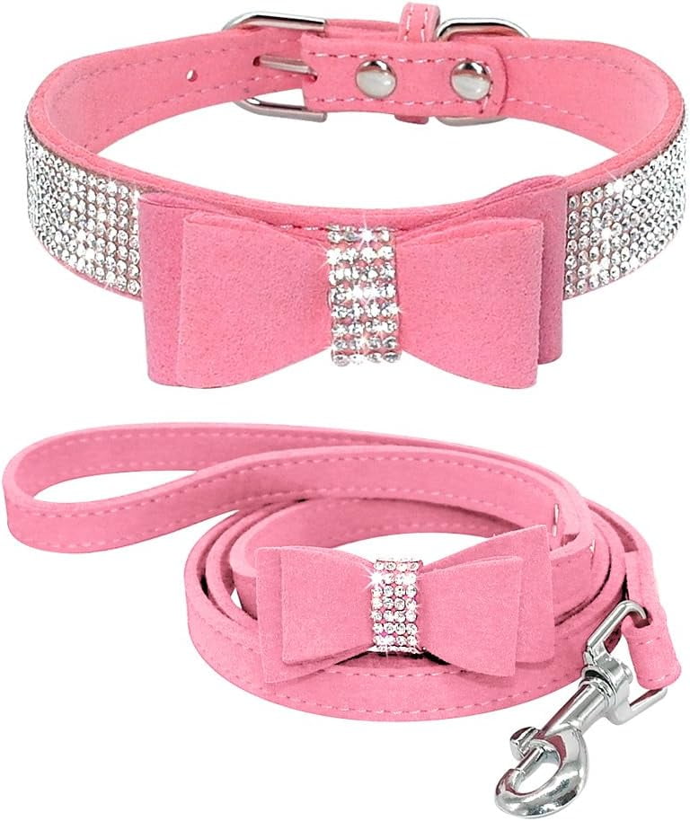 Beirui Rhinestone Bling Leather Dog Collar and Leash Set - Soft Flocking Sparkly Crystal ...