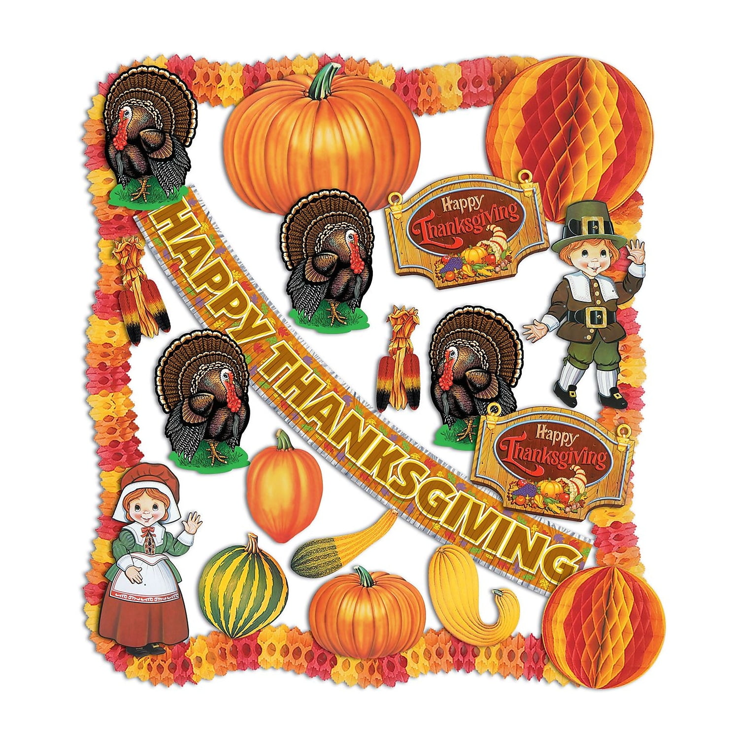 Beistle 24-Piece Pilgrims, Turkeys and Pumpkins Thanksgiving Decorating ...