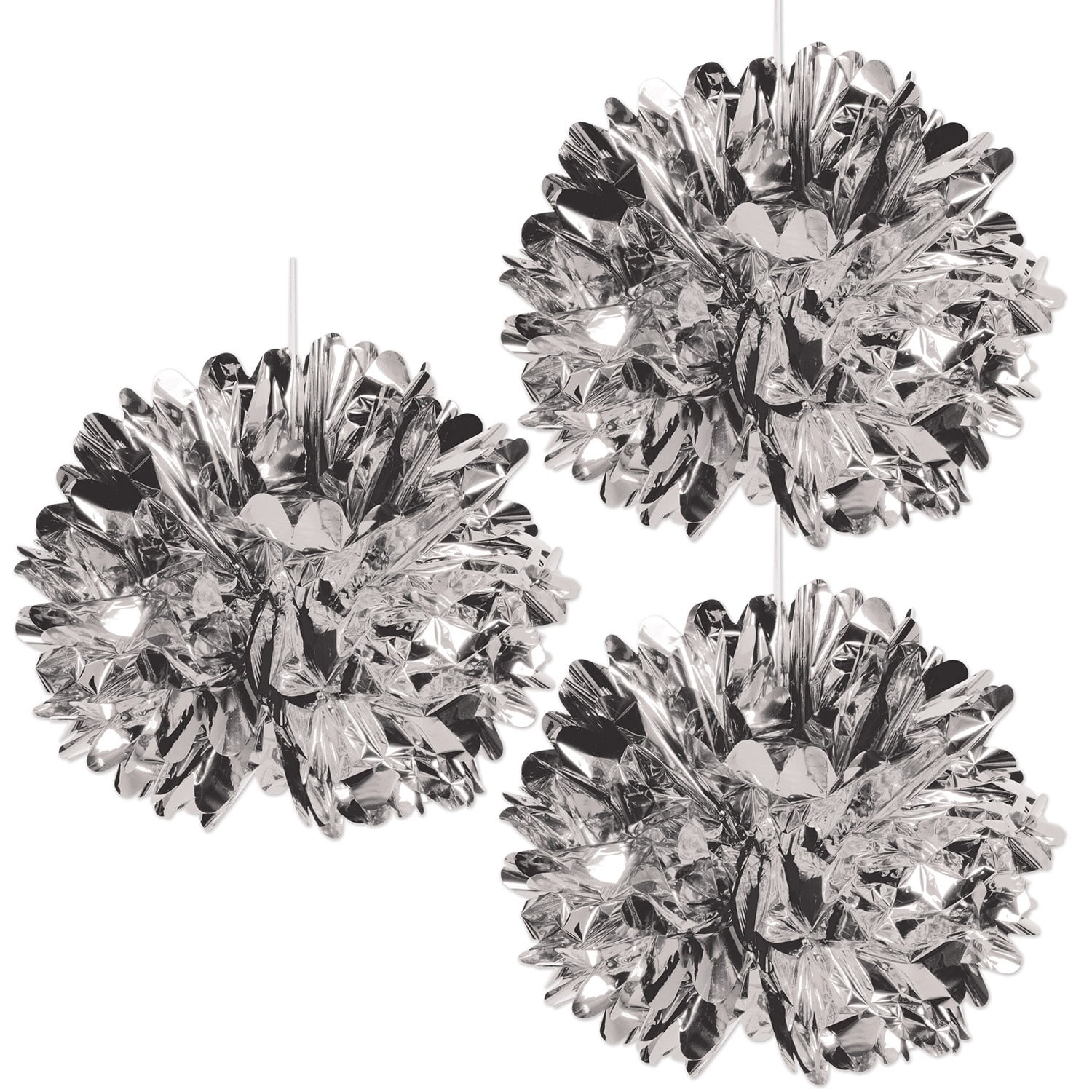 Beistle Club Pack of 12 Shiny Metallic Silver Fluff Ball Hanging Party ...