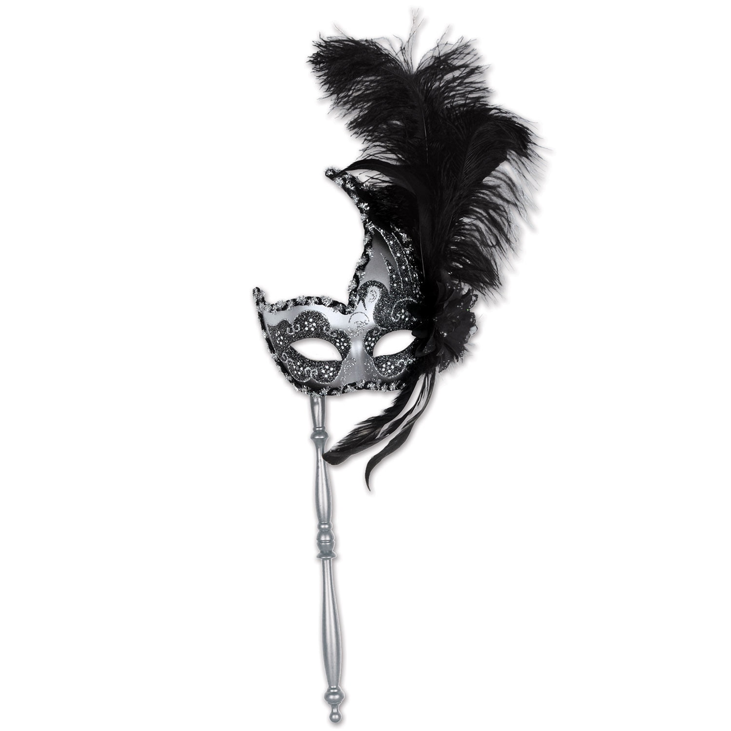 Beistle Glitter Feathered Mask With Stick; Silver/Black 54204 - Walmart.com