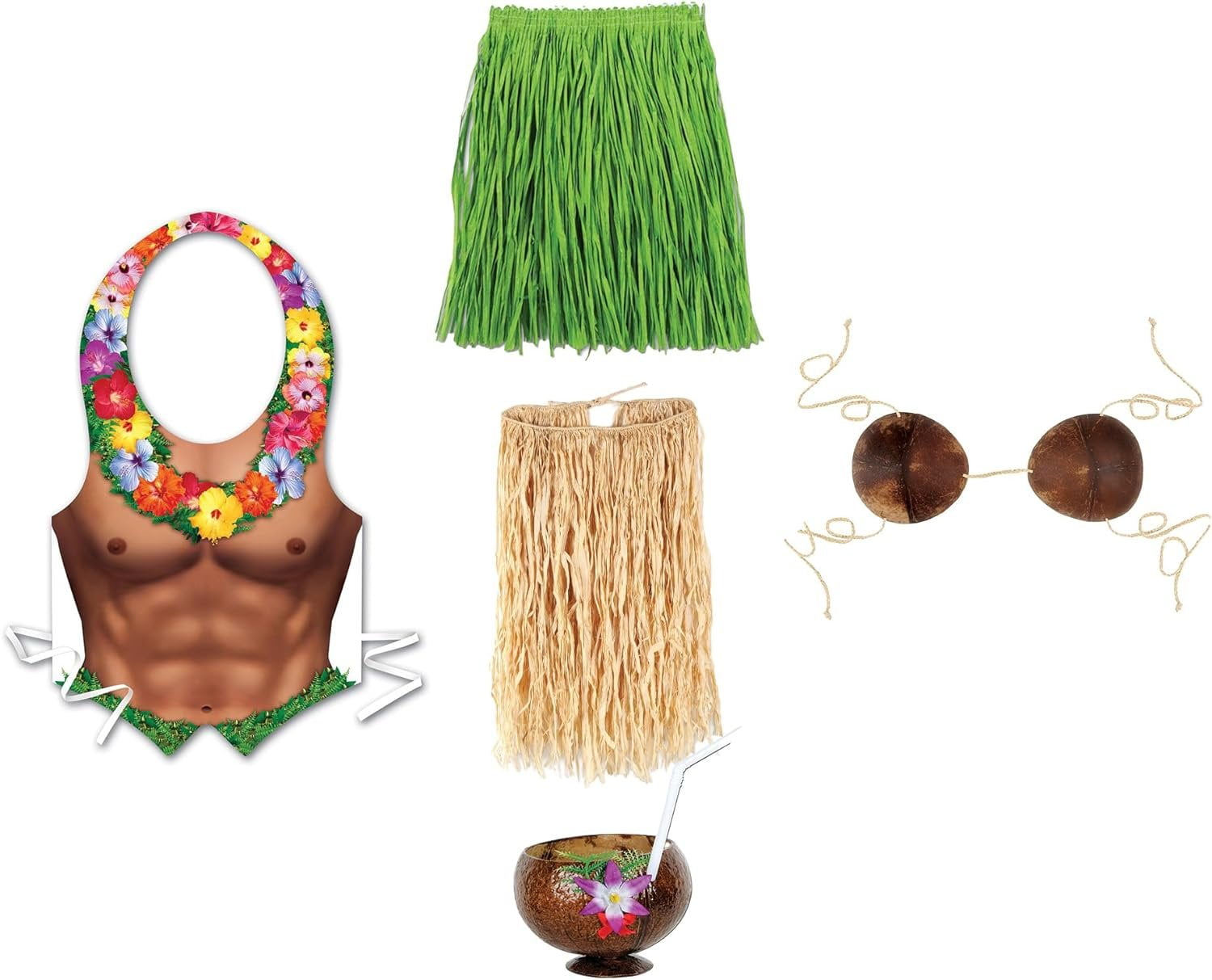 Beistle Luau Costume Party Kit - Coconut Shell Bra Bikini Top, Raffia ...