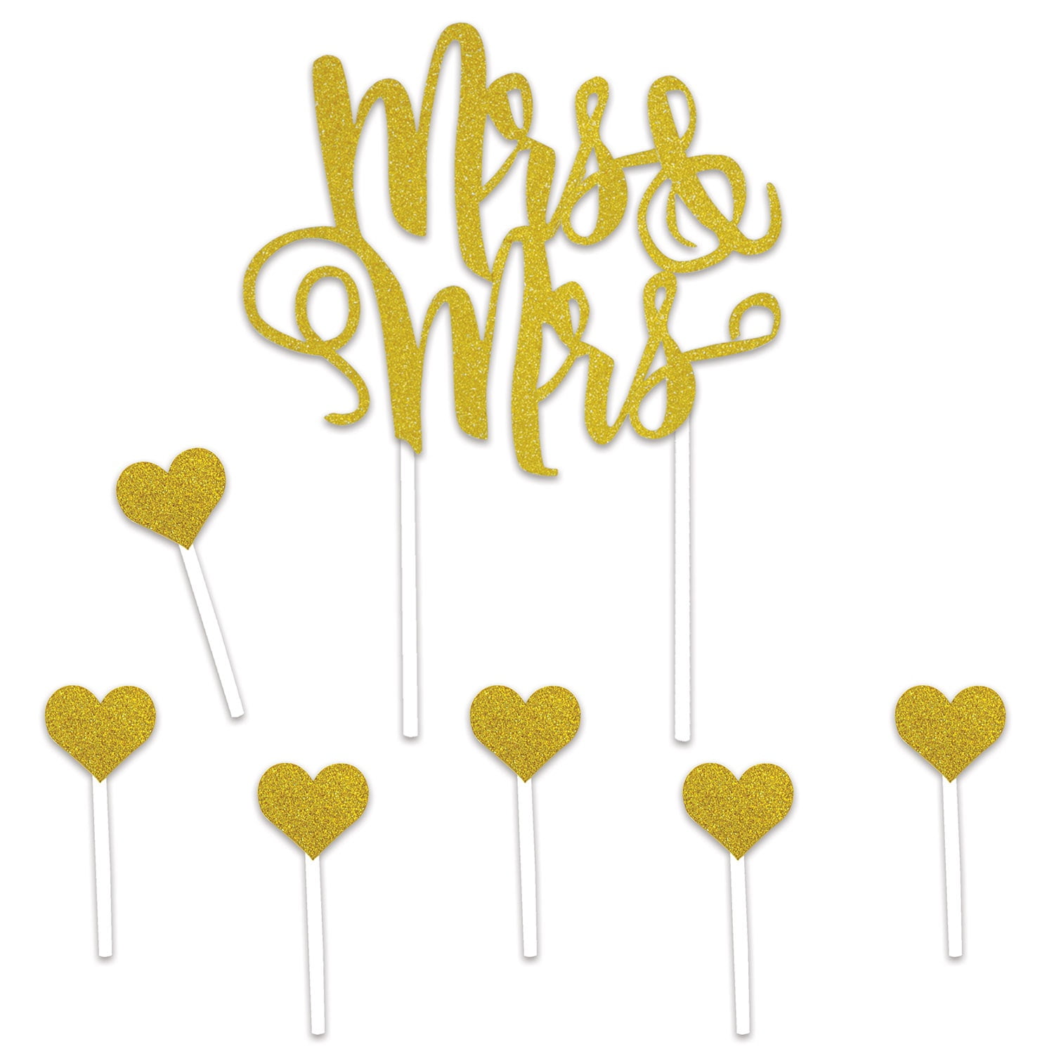 Set of 12 Gold Mrs & Mrs Cake Topper and Hearts 8.5" - Walmart.com