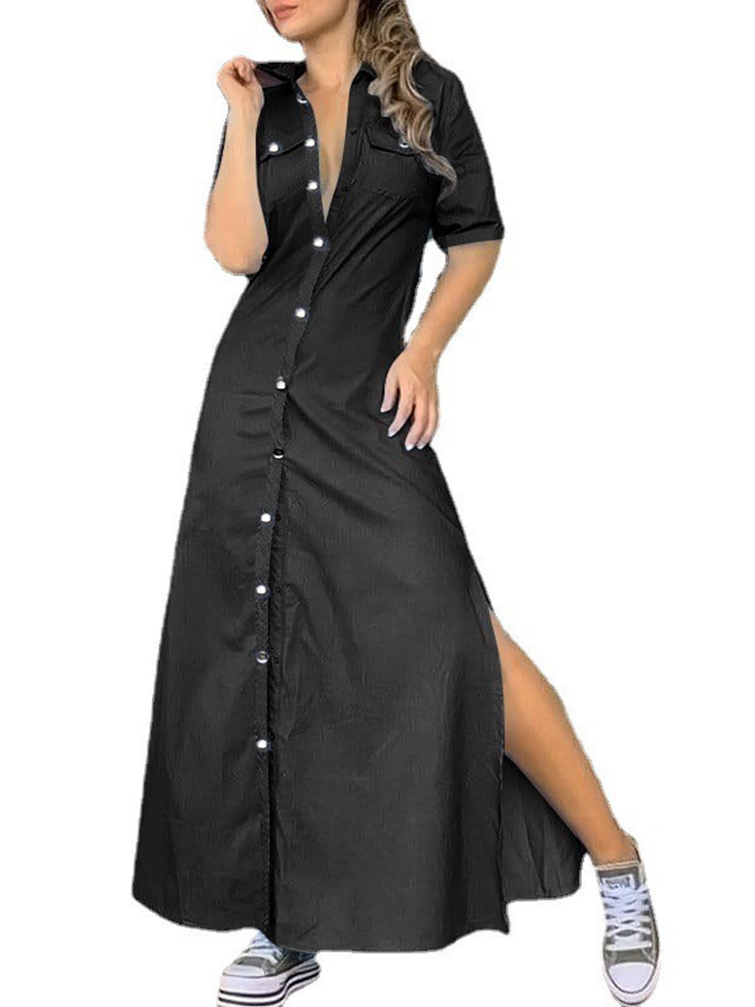 Beiwei Ladies Casual Lapel Neck Maxi Denim Dresses Button Down Sexy ...