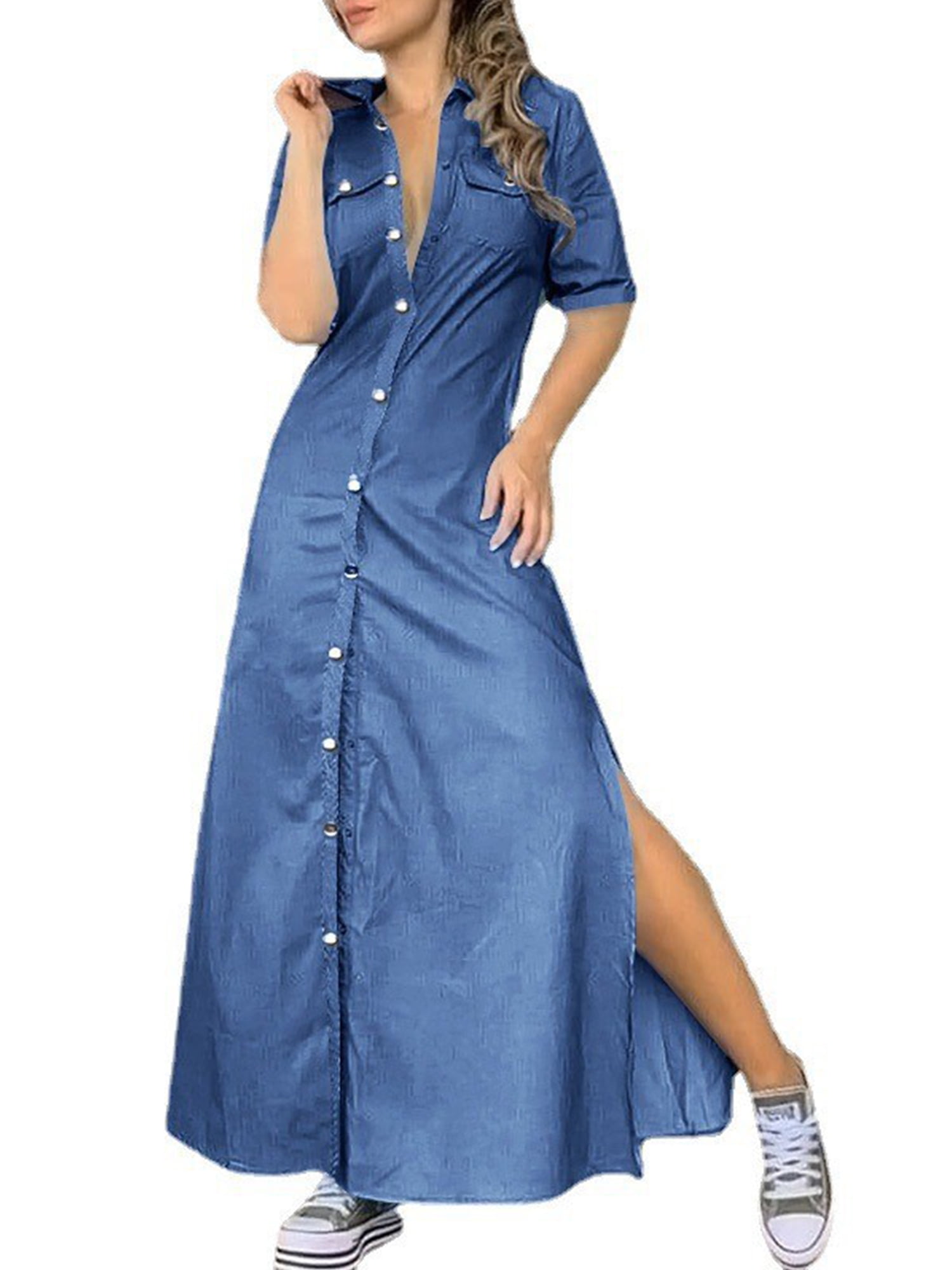 Beiwei Ladies Casual Lapel Neck Maxi Denim Dresses Button Down Sexy ...