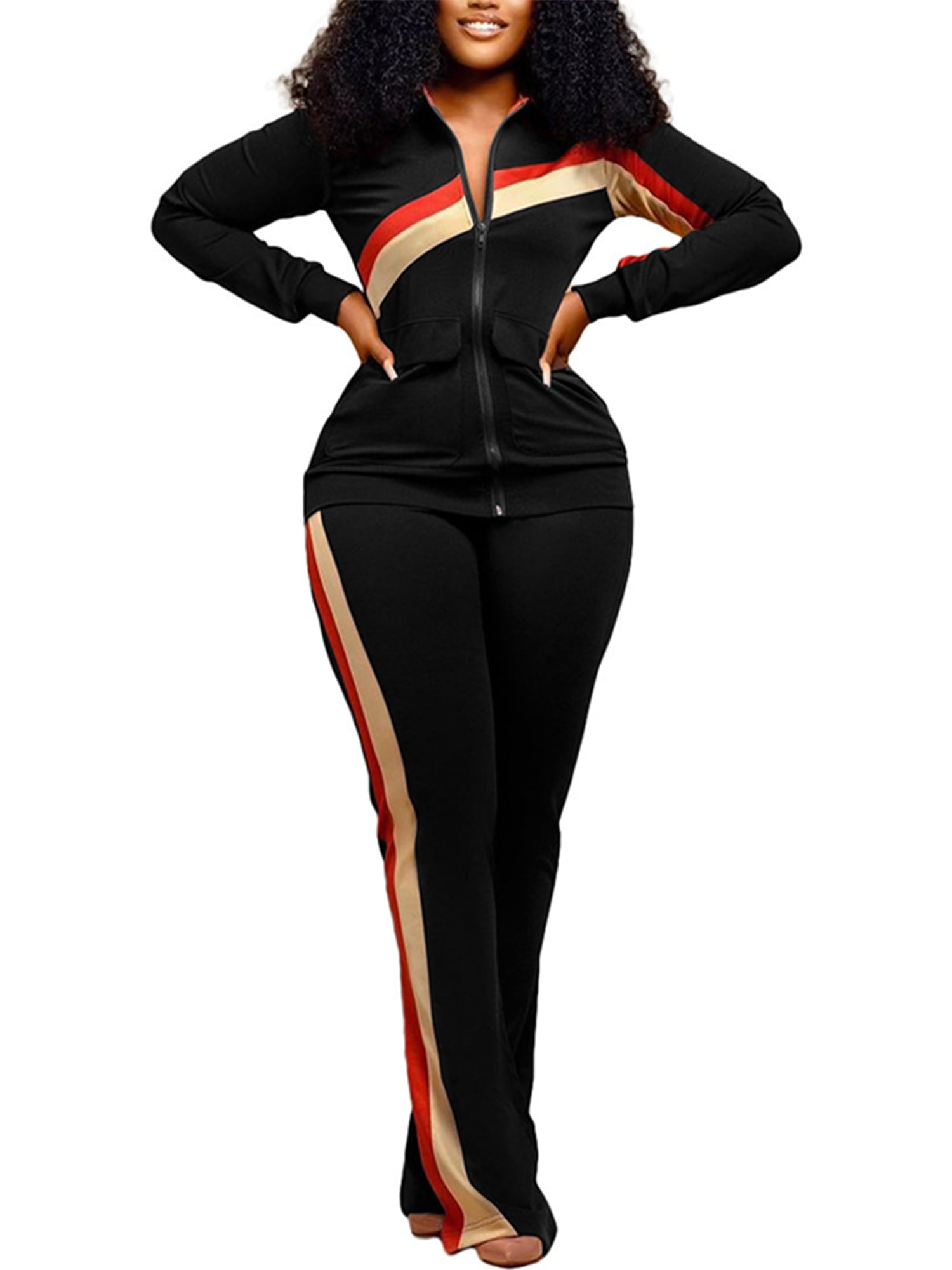 Beiwei Women's 2 Piece Tracksuit, Striped Activewear Sweatsuit, Black ...